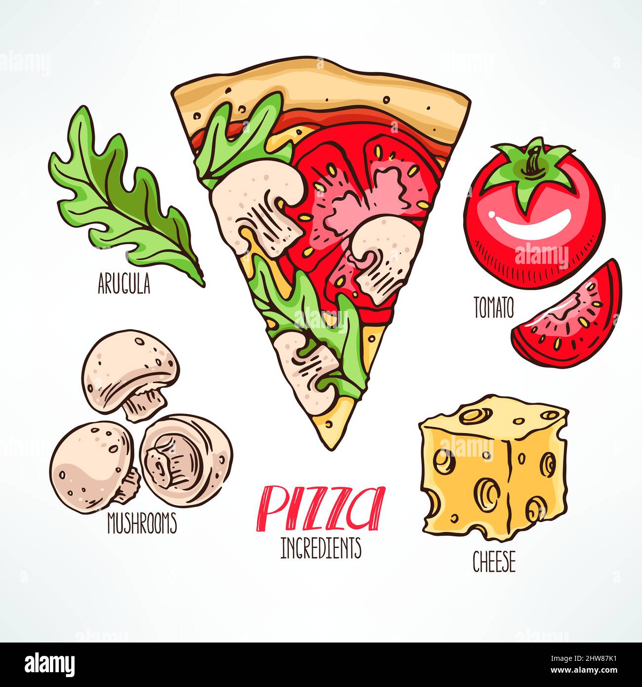 pizza ingredients. piece of pizza with tomatoes. hand-drawn ...