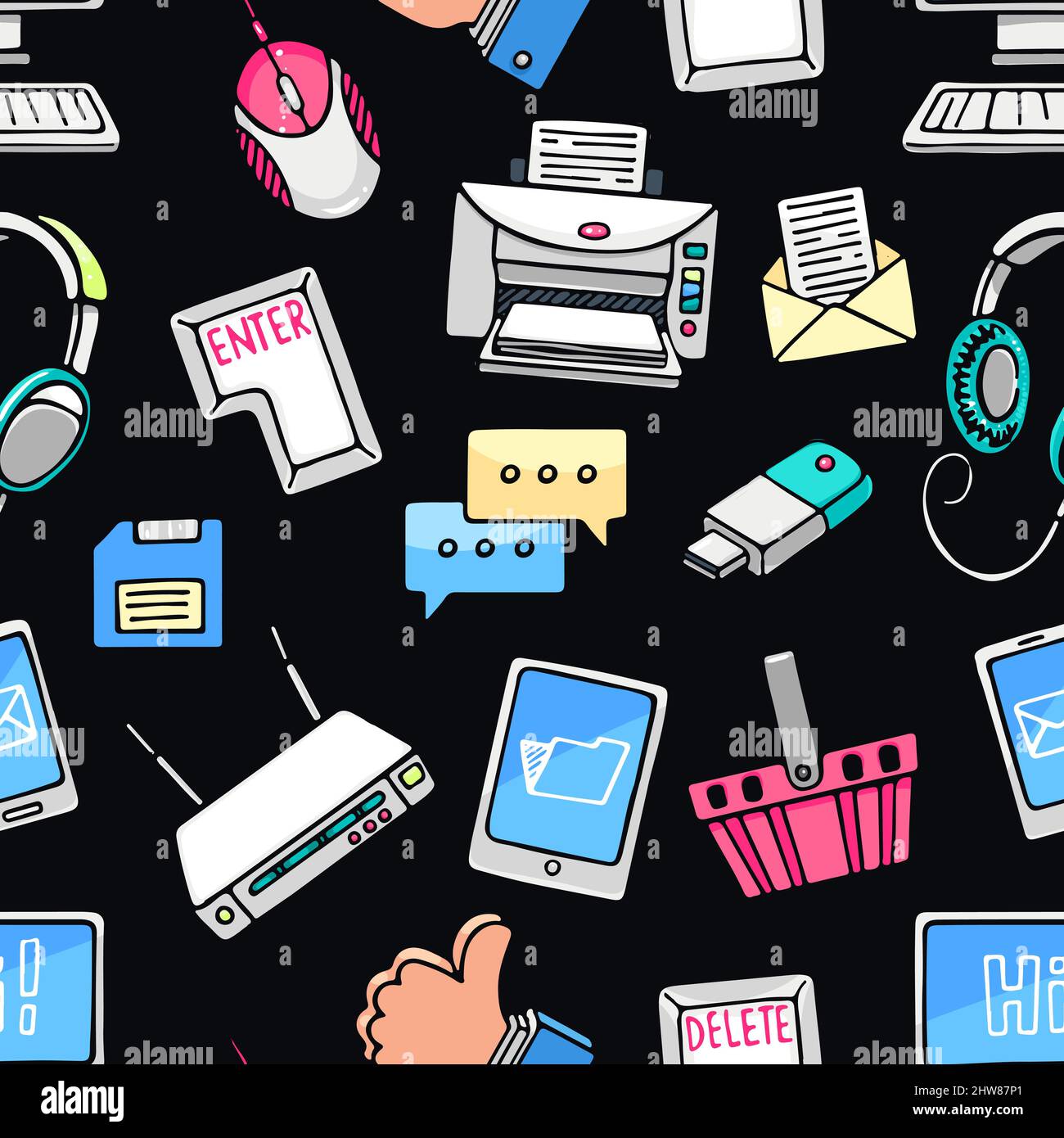 cute seamless pattern with computer icons on dark background. hand ...