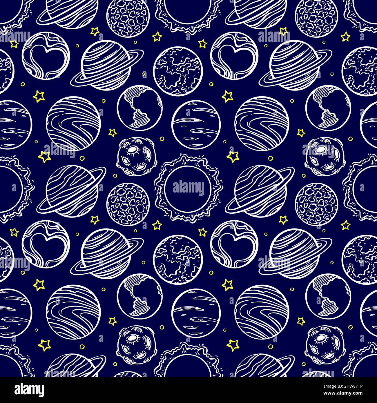 beautiful seamless pattern with planets of the solar system. hand-drawn ...