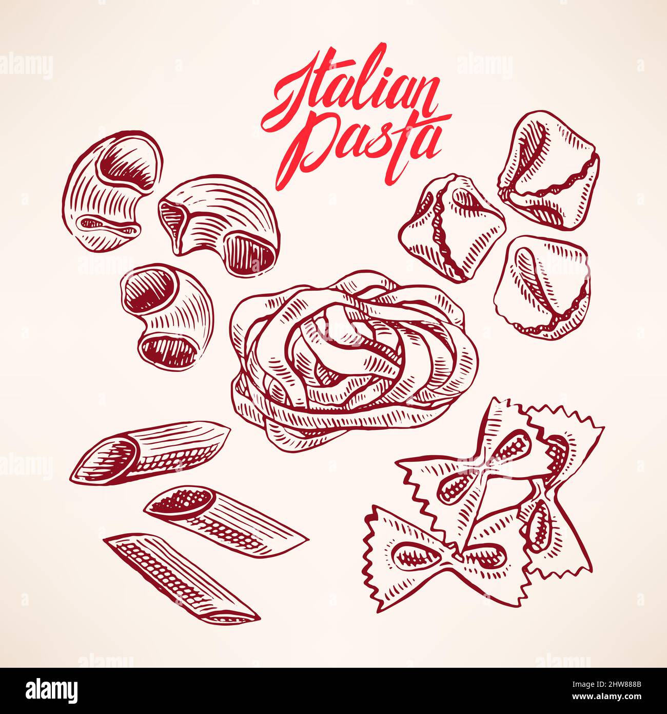 set with different kinds of pasta. hand-drawn illustration Stock Vector ...