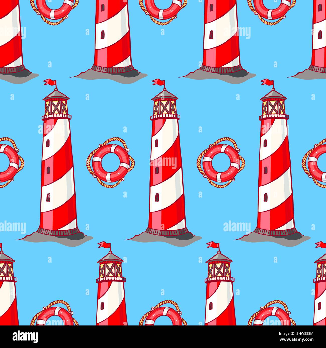 cute seamless pattern with striped lighthouses and lifebuoys. hand ...