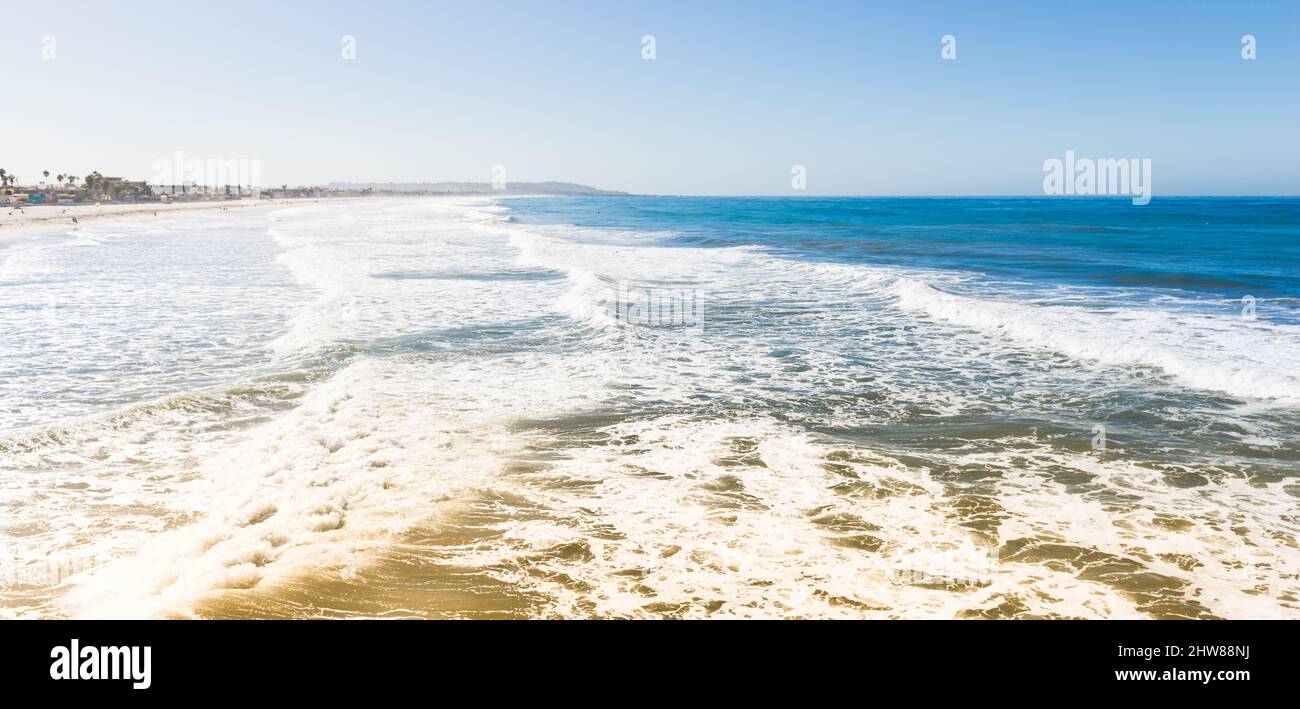 Many kilometers of coast of Southern California. Surf of the ocean on ...