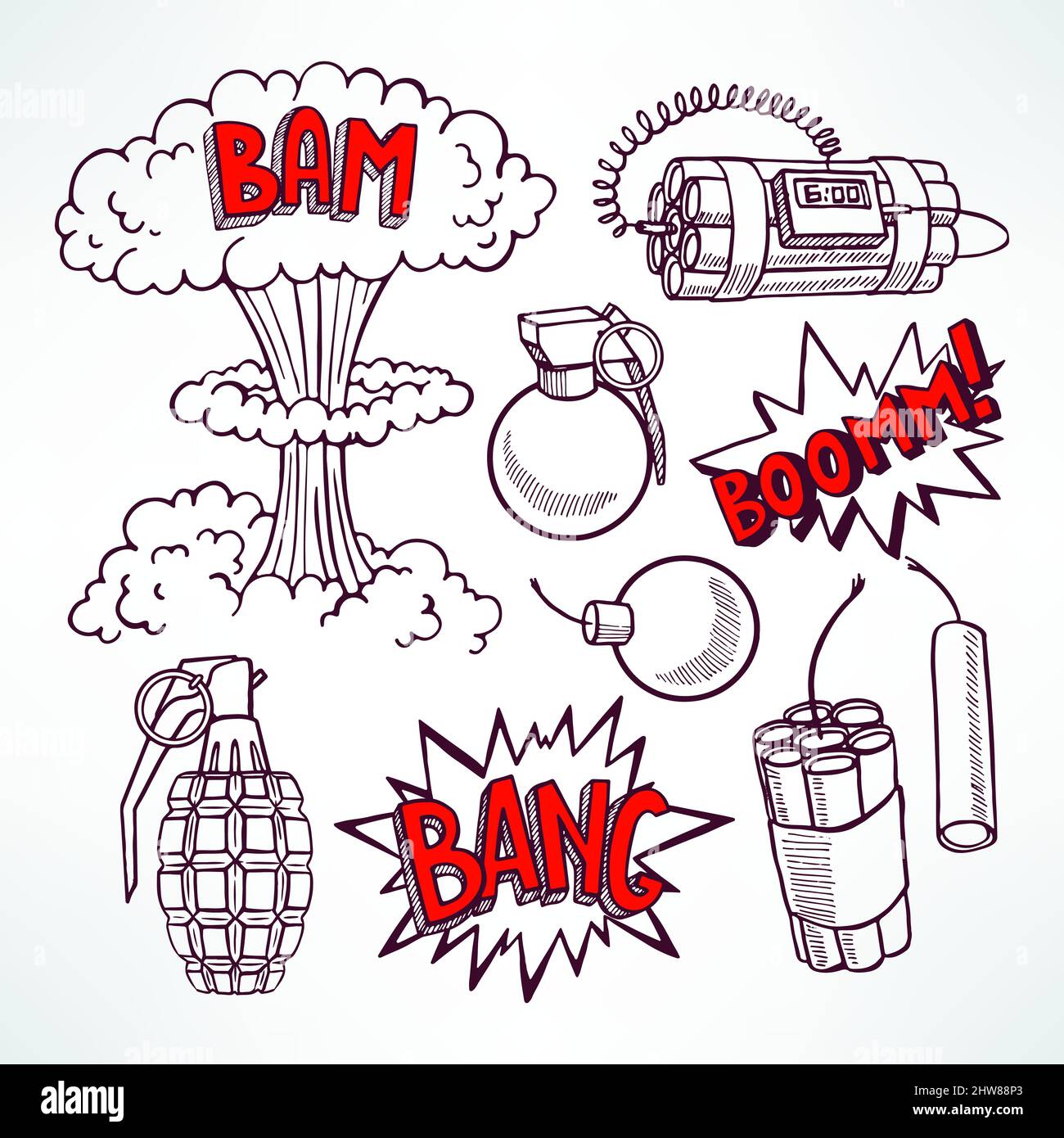 cute set of various sketch explosive devices. hand-drawn illustration ...