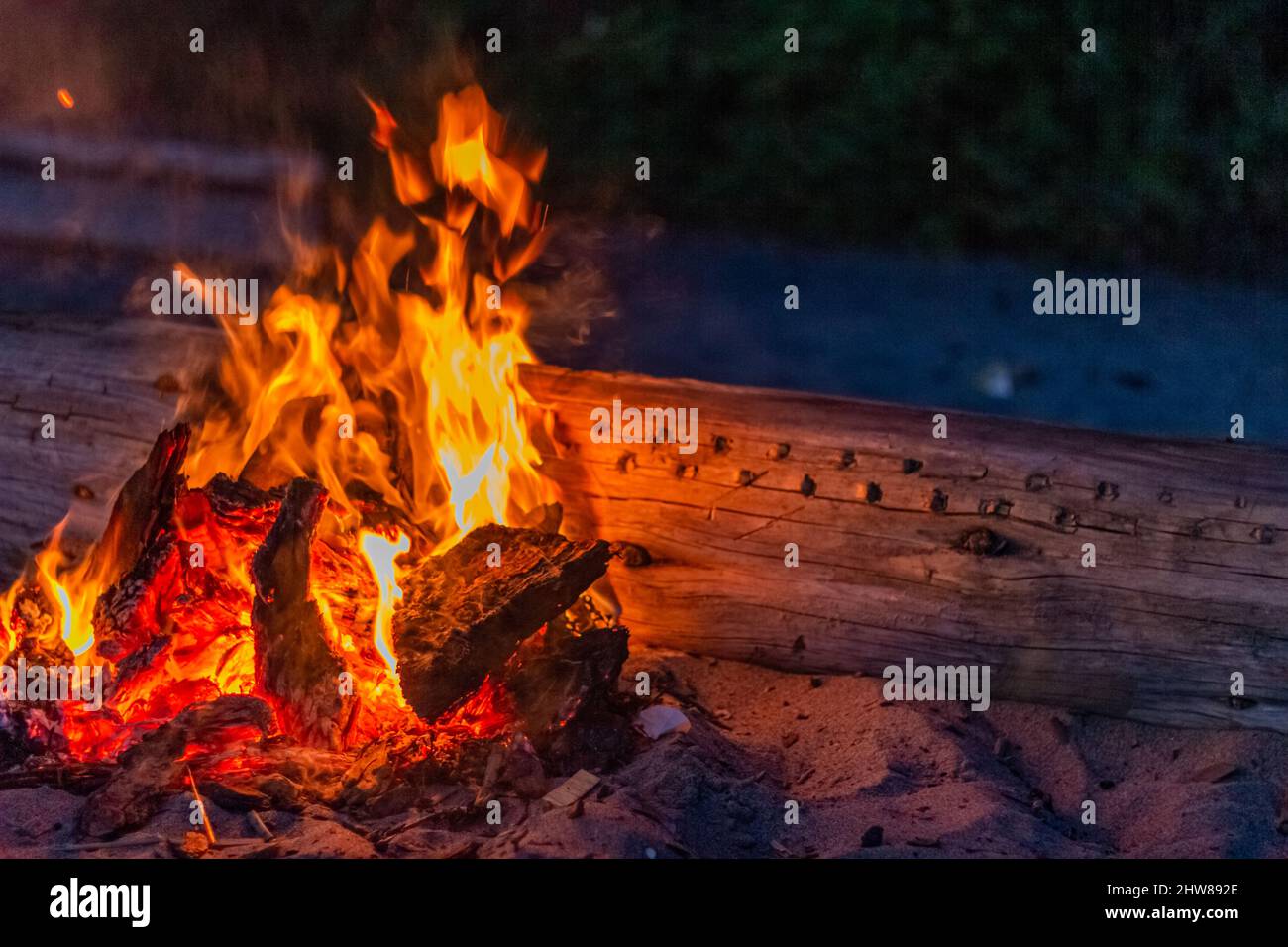 Beach fire burning bright orange red in the evening surrounded by blue ...
