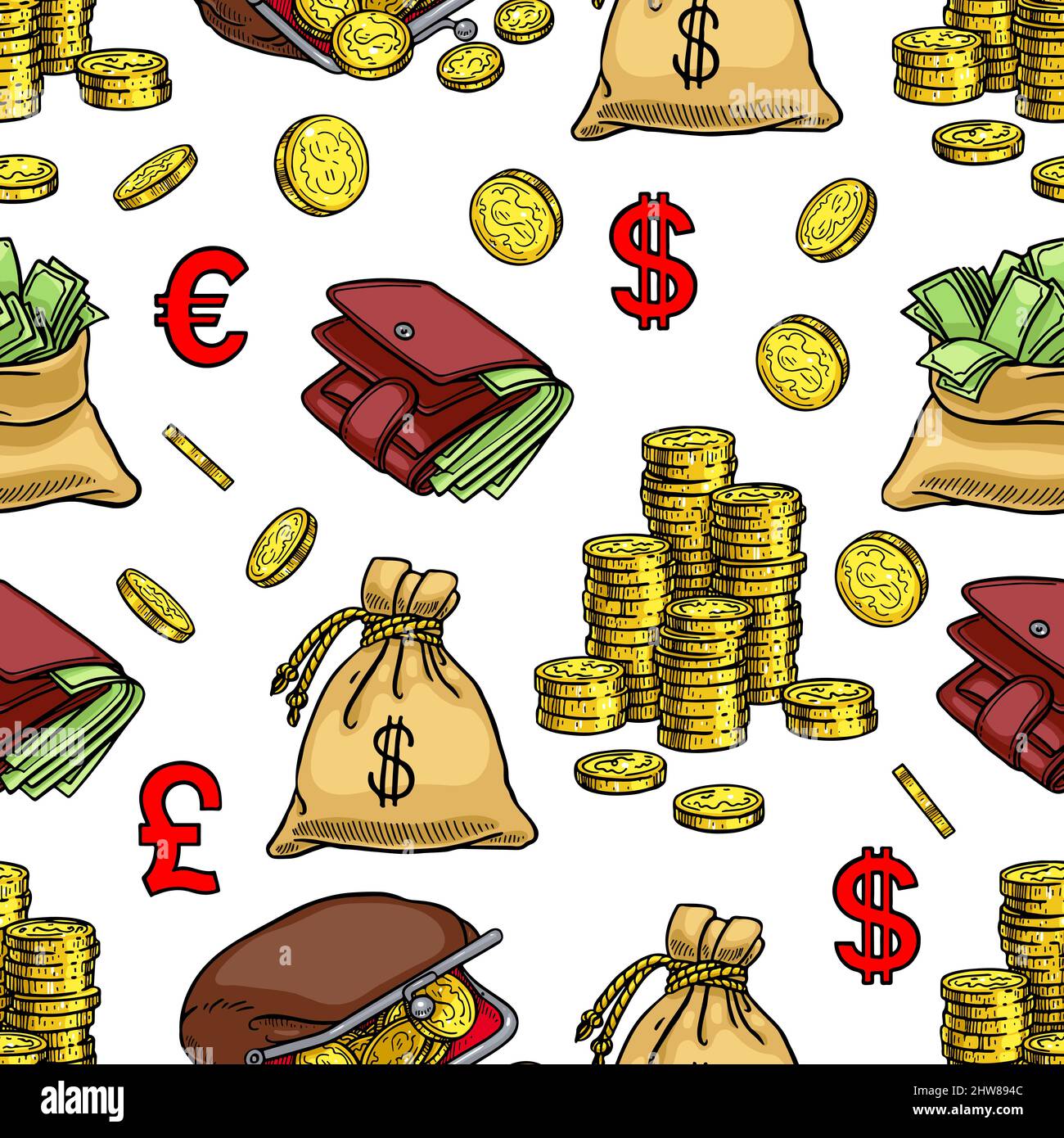 Seamless background of coin, money, finance. Hand-drawn illustration ...