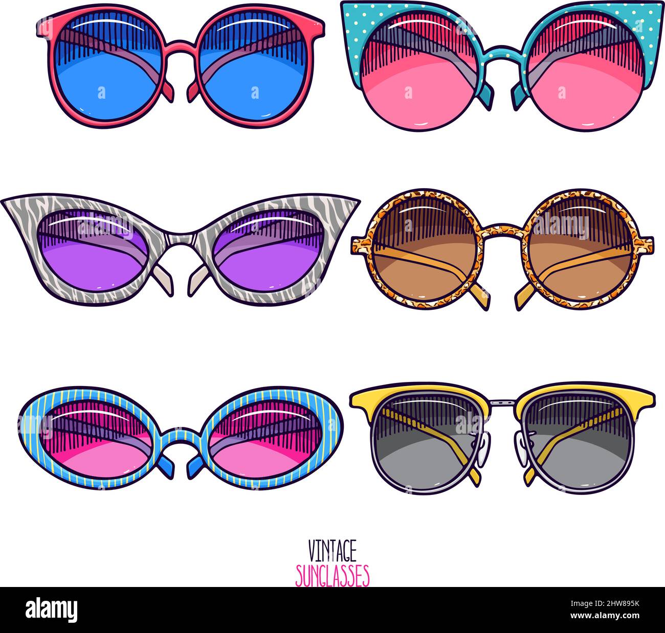 Set of cute vintage sunglasses. hand-drawn illustration Stock Vector ...