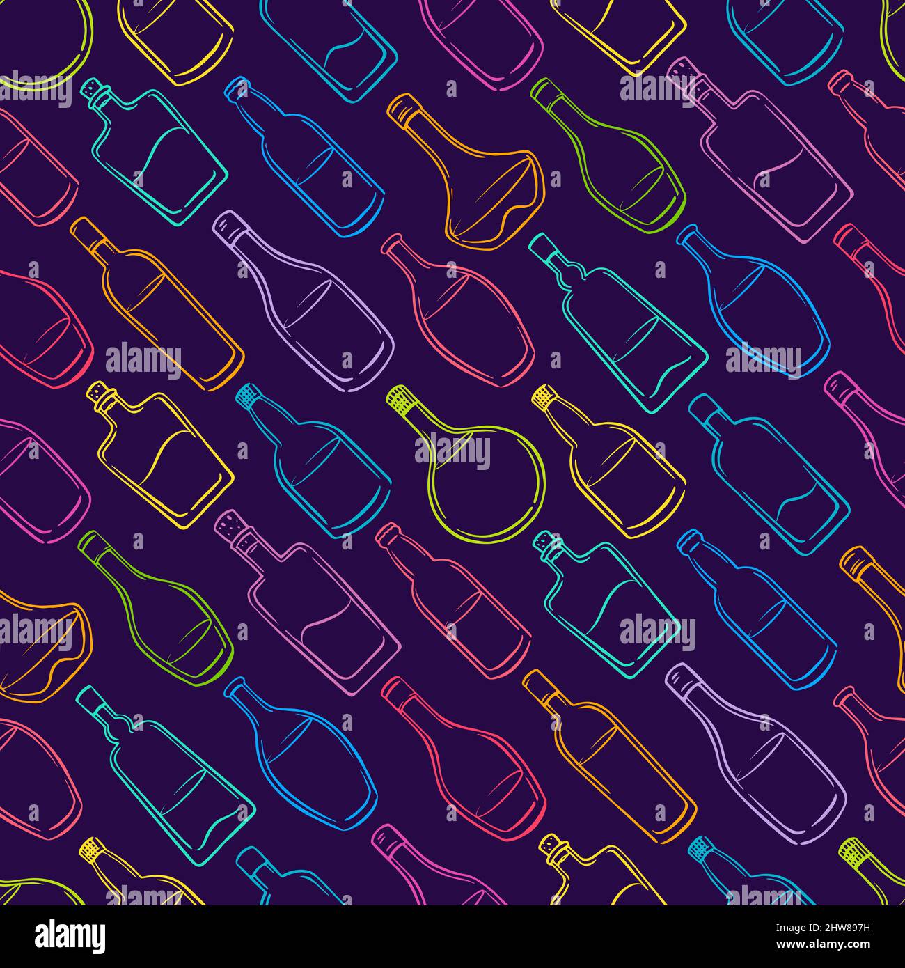 Seamless dark background with various colored bottles of alcohol. hand ...