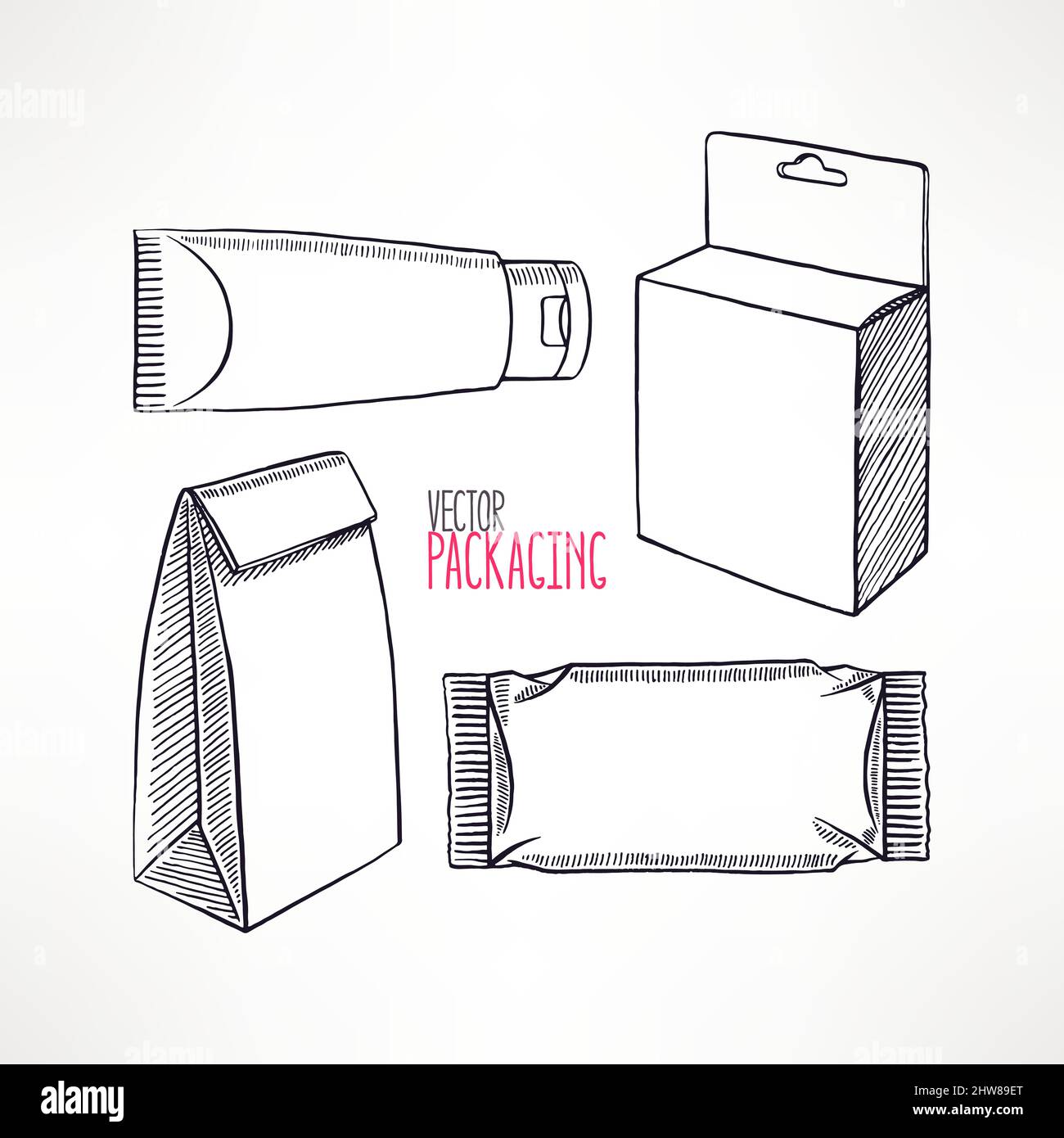 set with four different types of sketch packaging. Hand-drawn ...