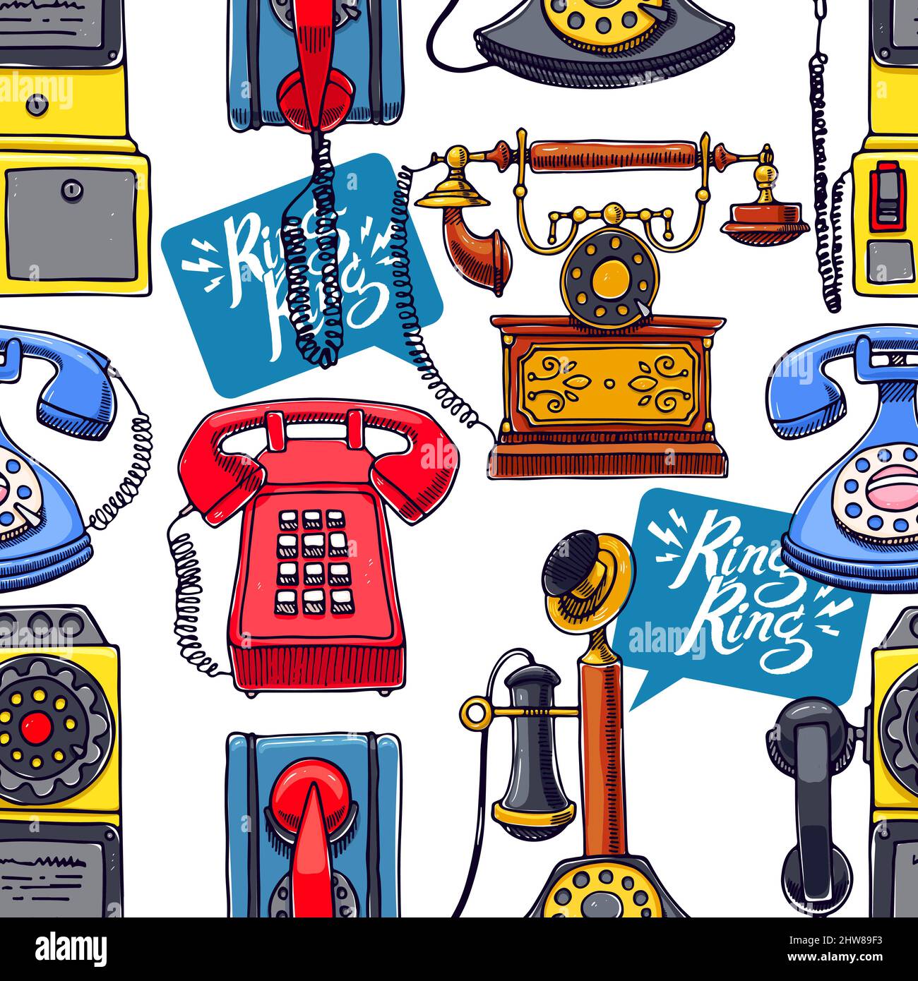 cute seamless background of colorful vintage phones. hand-drawn ...