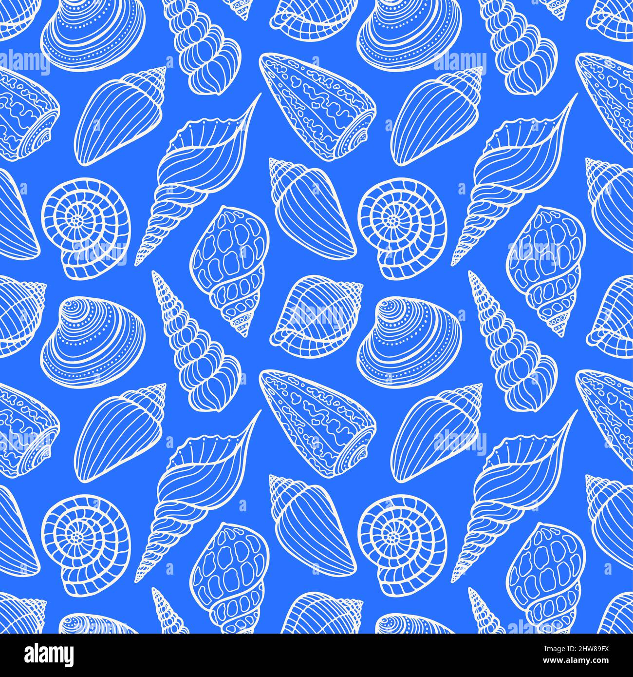 beautiful seamless blue pattern of sketch white seashells. hand-drawn ...