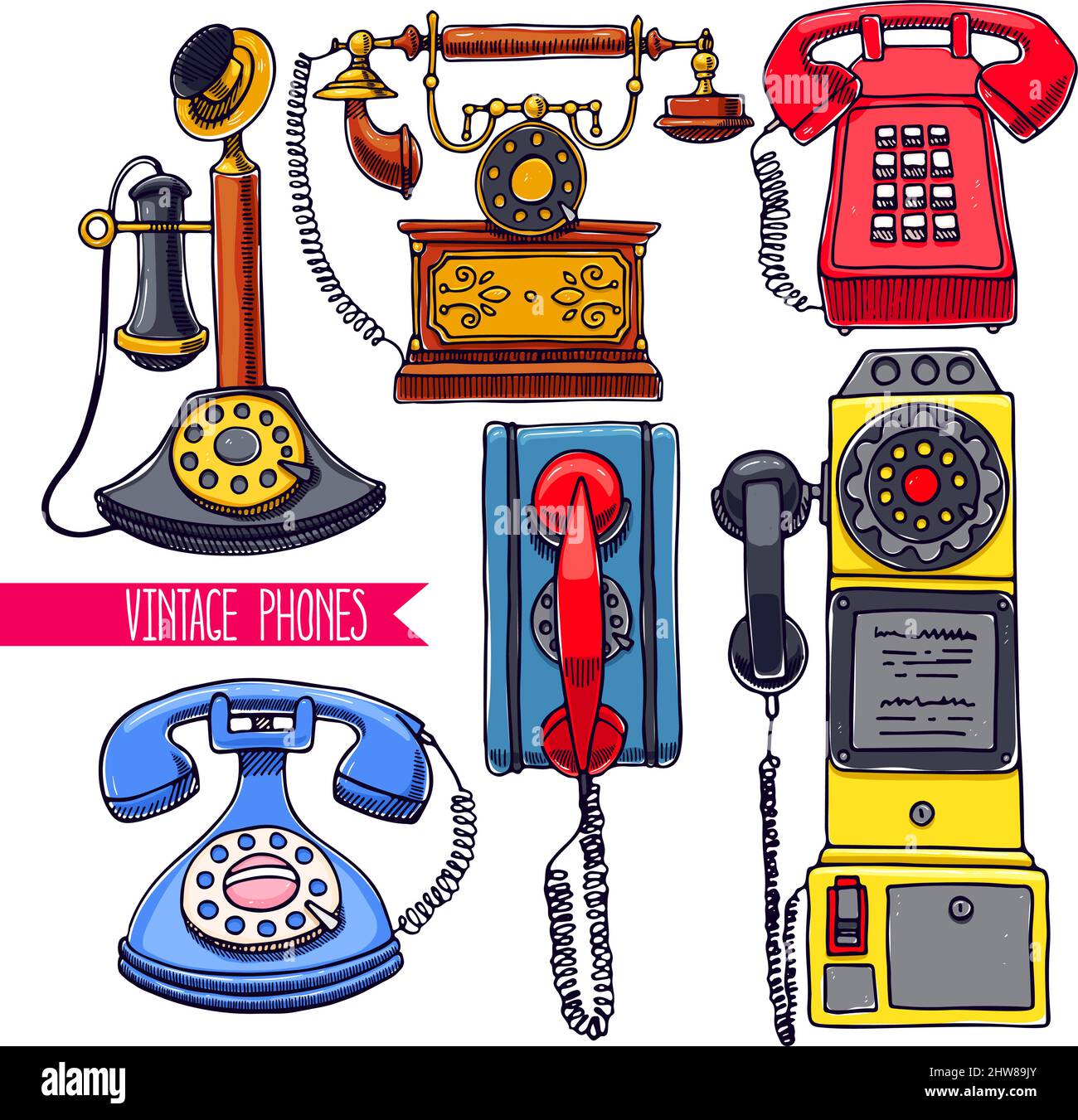 cute set of colorful vintage phones. hand-drawn illustration Stock ...