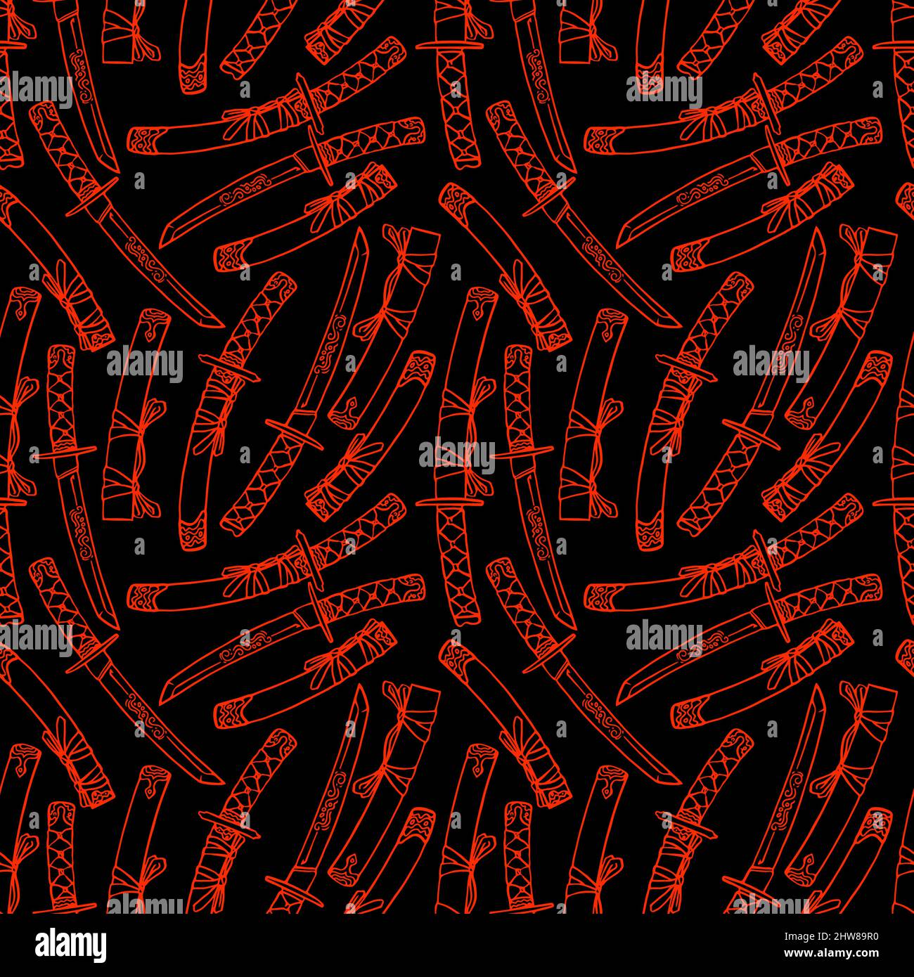 cute seamless pattern of red beautiful Japanese katana on a black ...