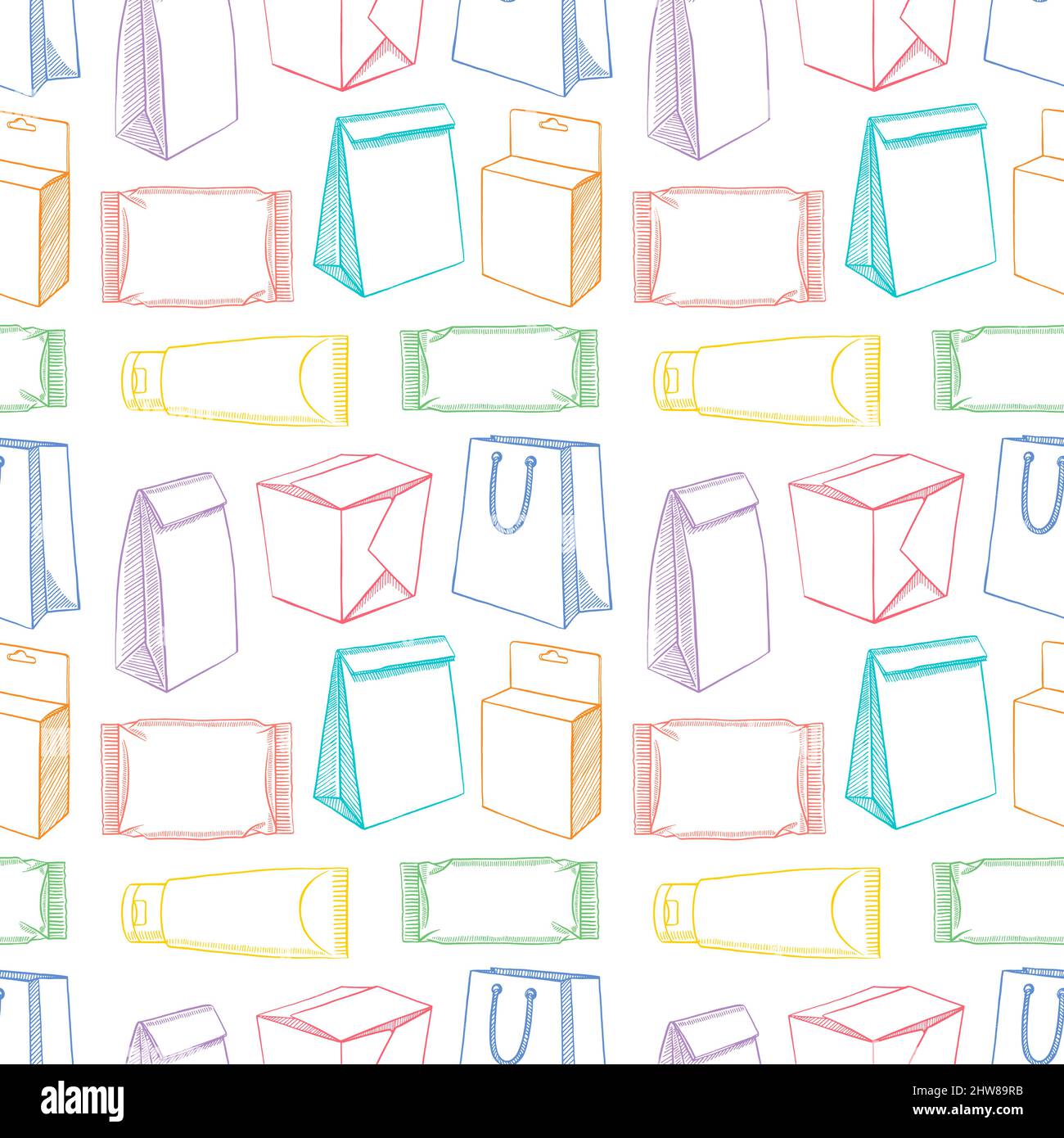 seamless background with different types of sketch packaging. Hand-drawn illustration Stock ...