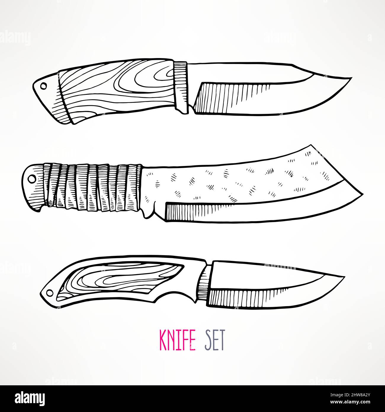 Set with three sketch hunting knives. hand-drawn illustration Stock ...