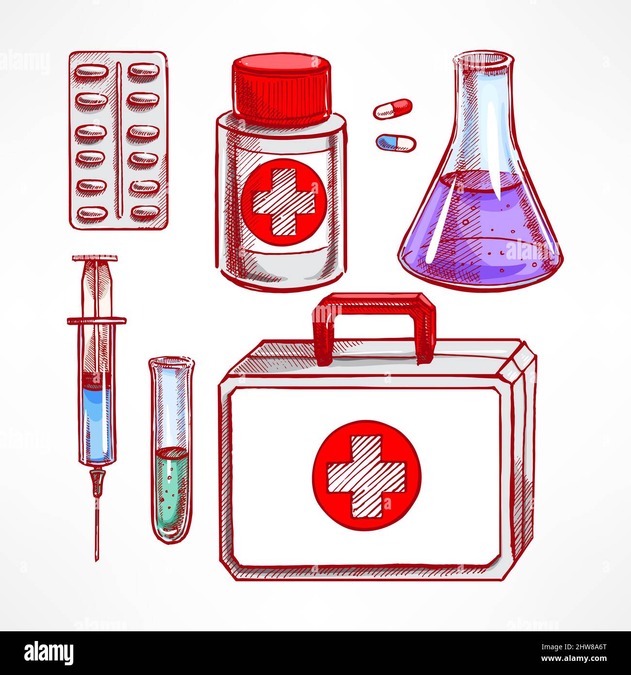 Set with sketch medical supplies. pills, syringe, bulb. hand-drawn ...