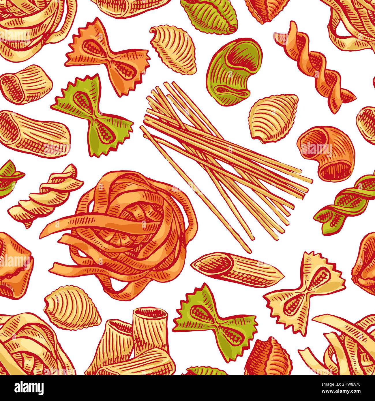 seamless background with various kinds of pasta. hand-drawn ...