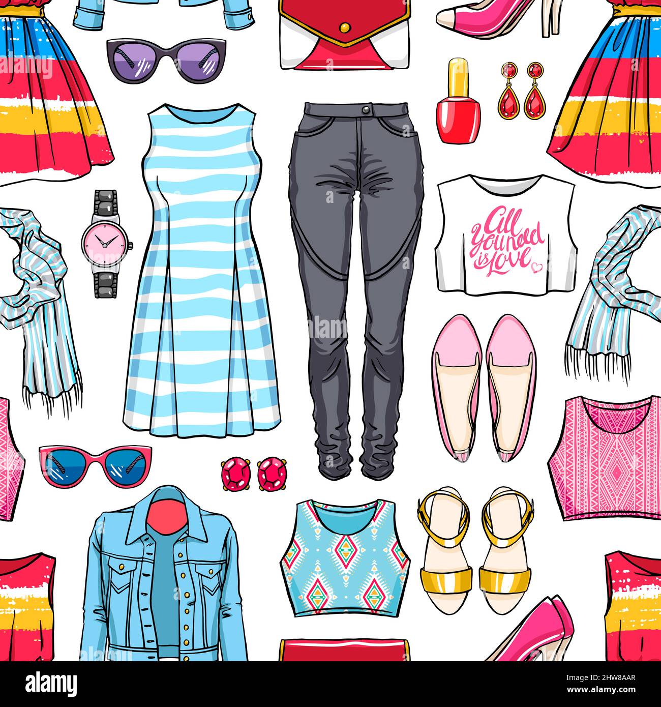 Seamless background with beautiful colorful female summer clothing ...