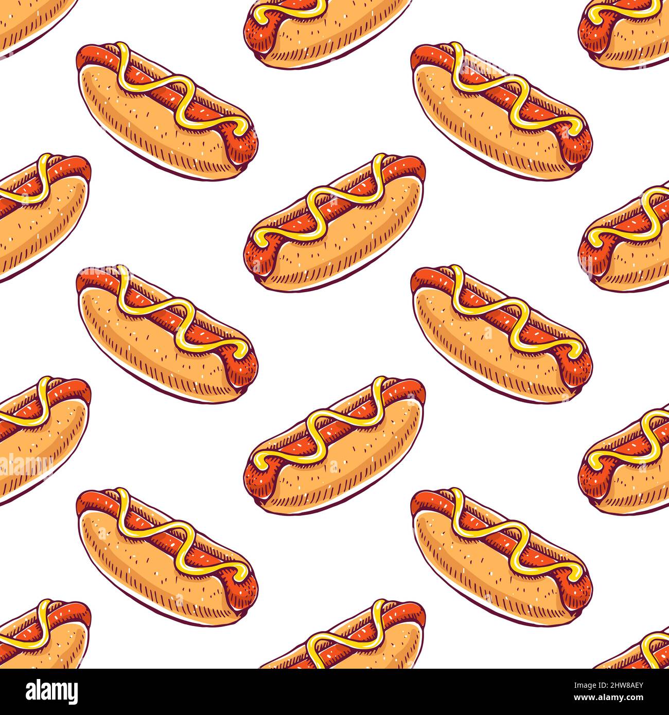 cute seamless background with appetizing hot dogs. hand-drawn ...