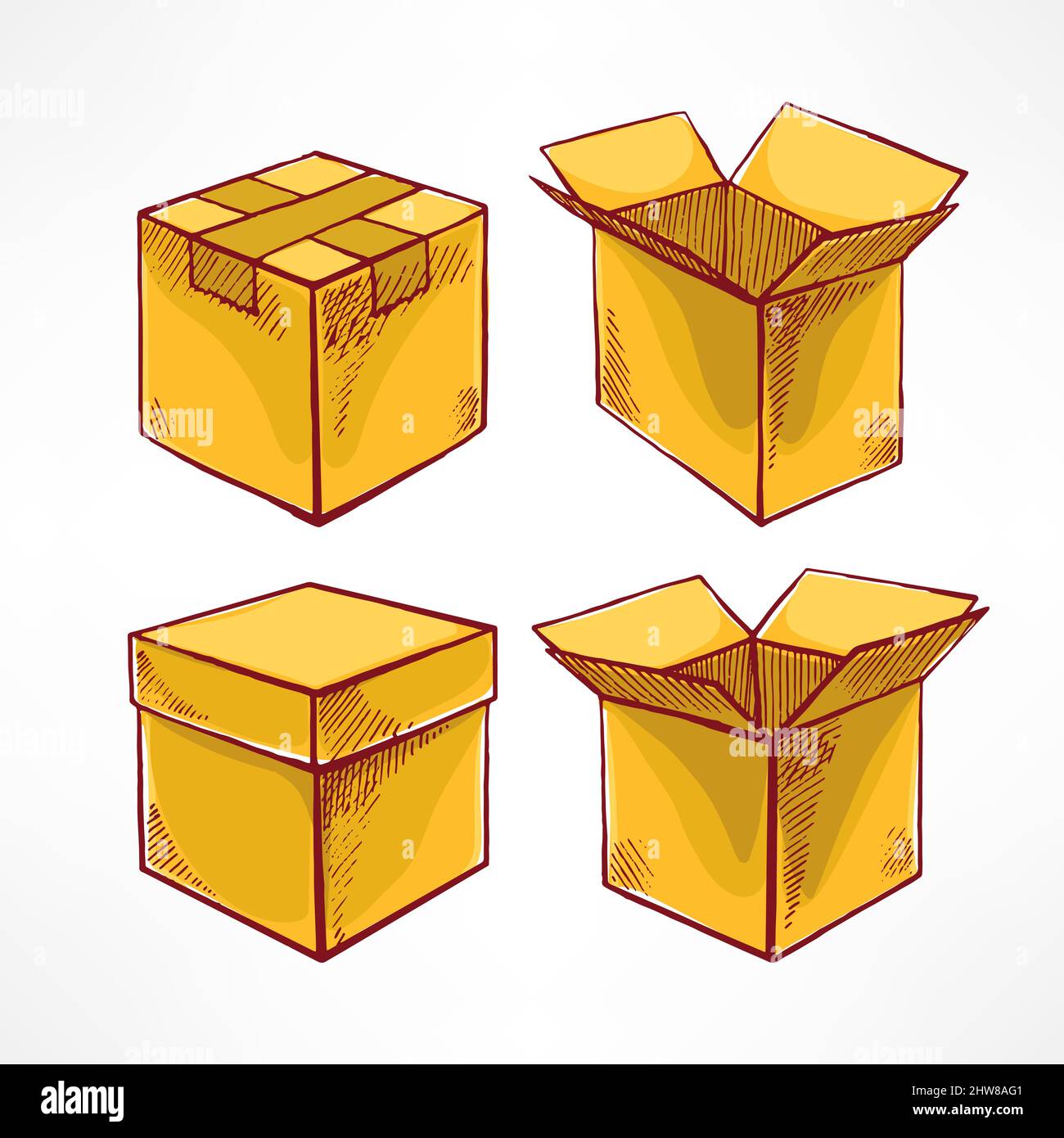 Set with four sketch boxes. open and closed boxes. hand-drawn ...