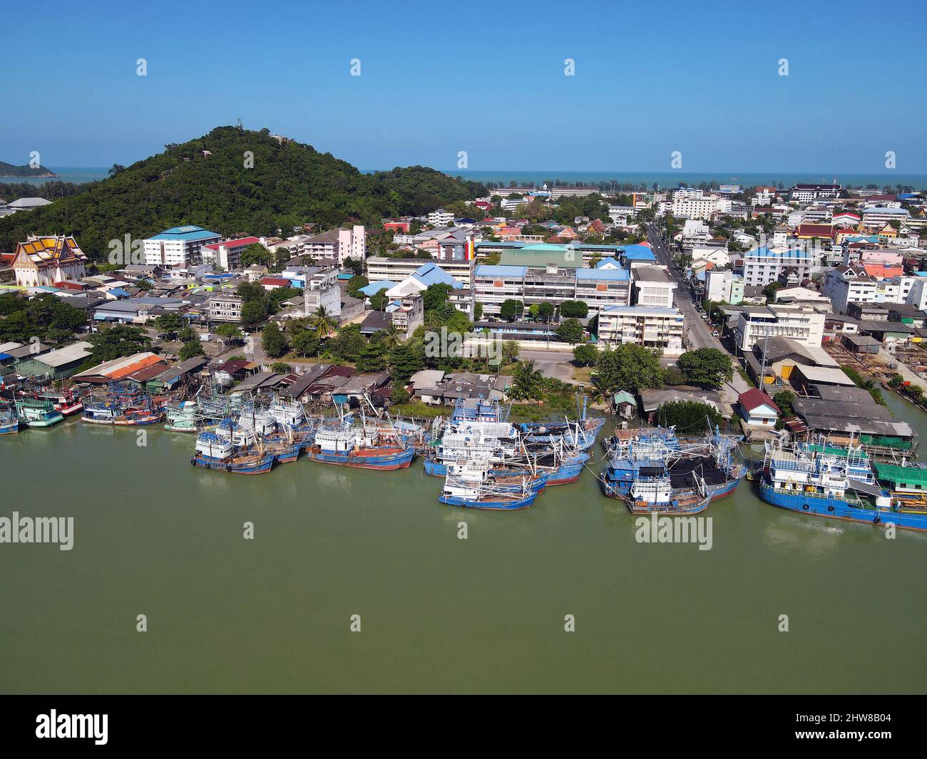 Aerial drone view of the Songkhla old town in Thailand on blue sky ...
