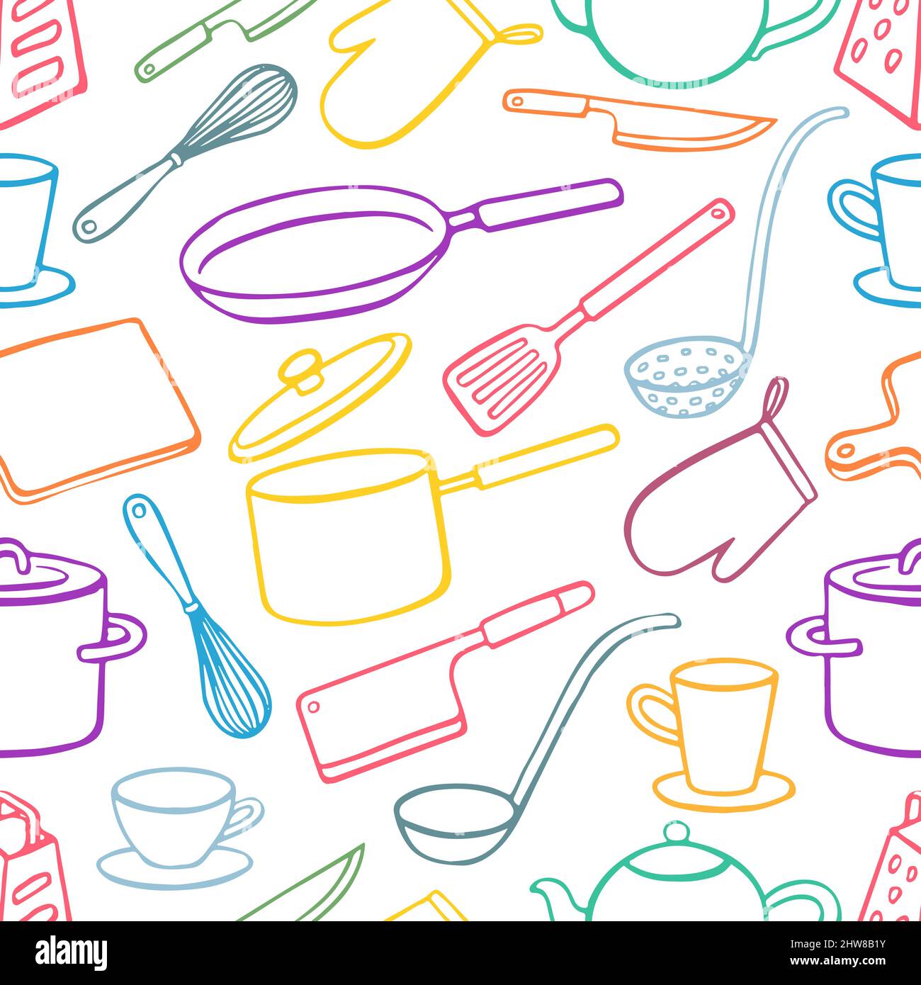 Seamless background with kitchen utensils. pans, knives, ladle. hand ...