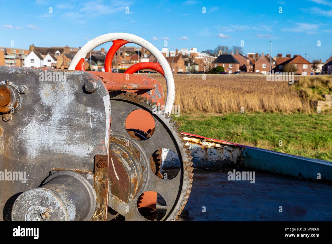 Detail of the anchor windlass on The Tosca abandoned and derelict barge ...