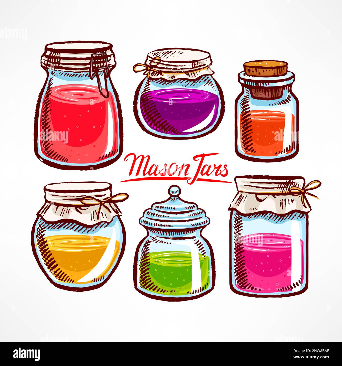 hand-drawn mason jars with colorful contents Stock Vector Image & Art ...