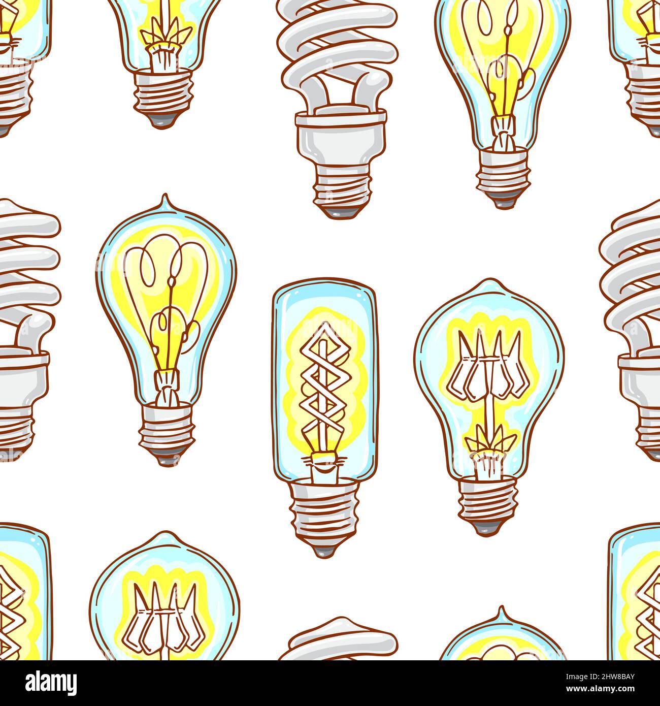 Seamless background of different light bulbs. hand-drawn illustration ...