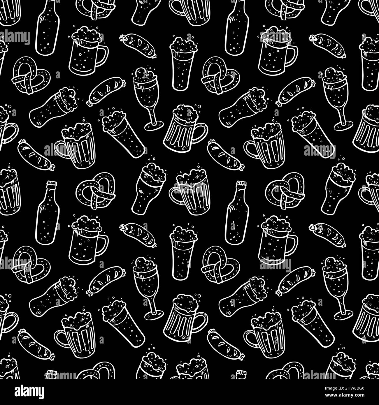 Seamless background of different beer. Hand drawn illustrations Stock ...