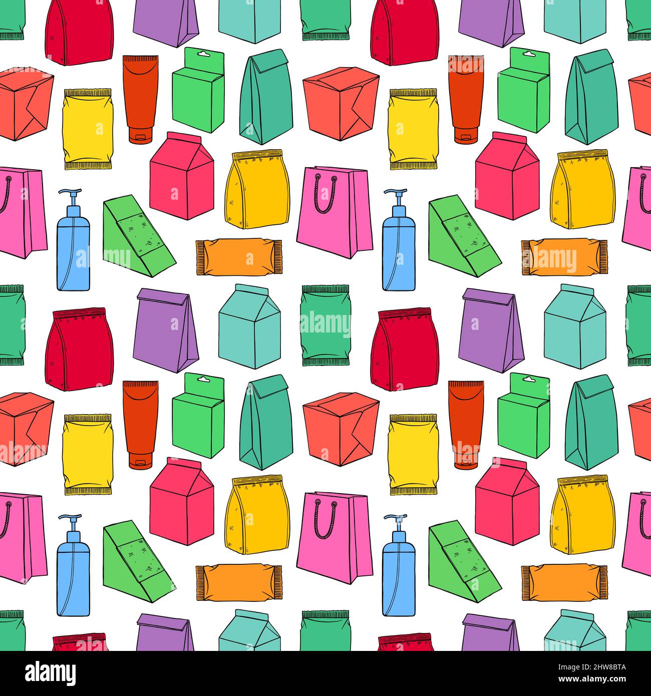 seamless background of different packaging. Hand-drawn illustration ...