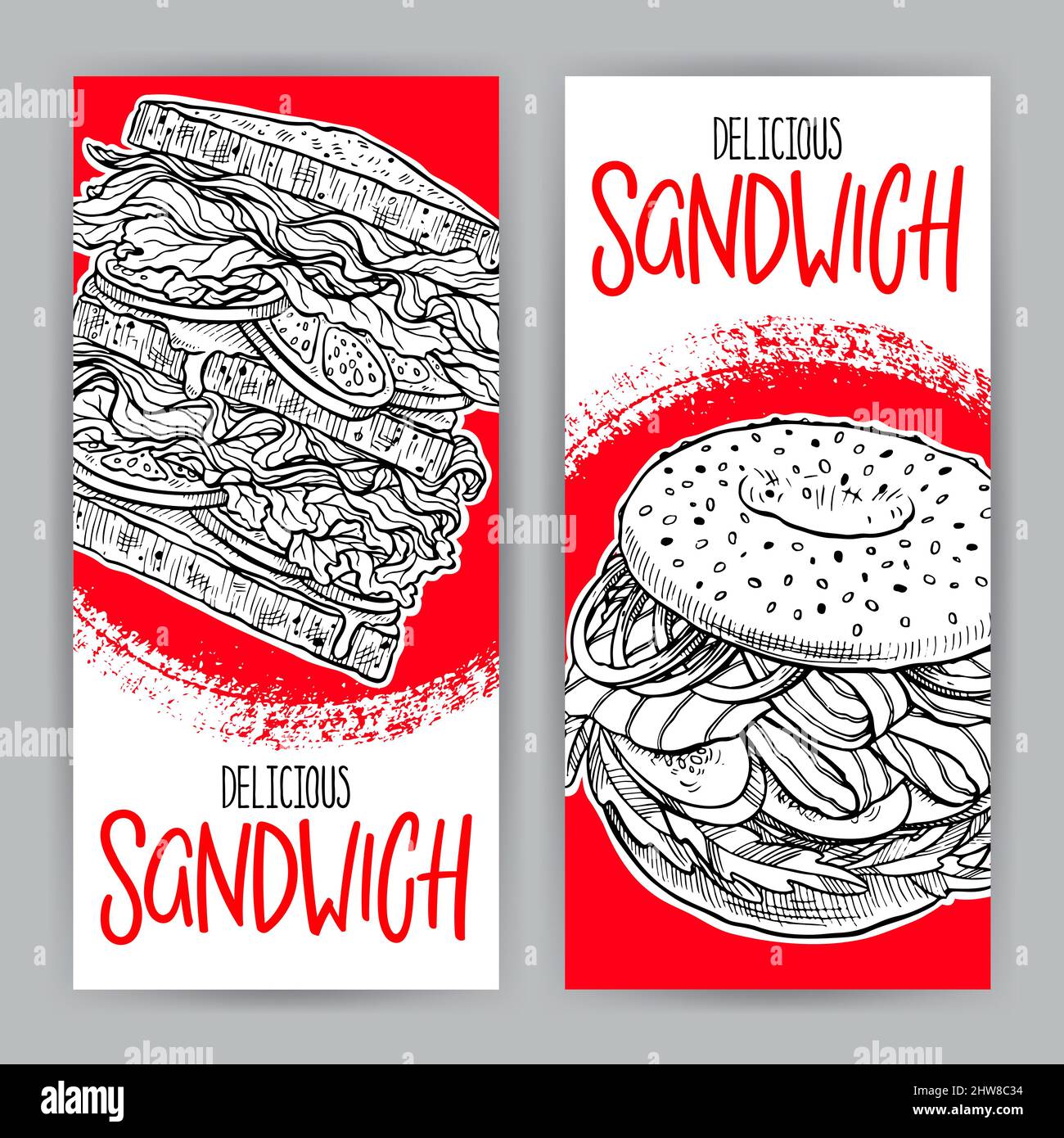 Two banners of delicious sandwiches. hand-drawn illustration Stock ...