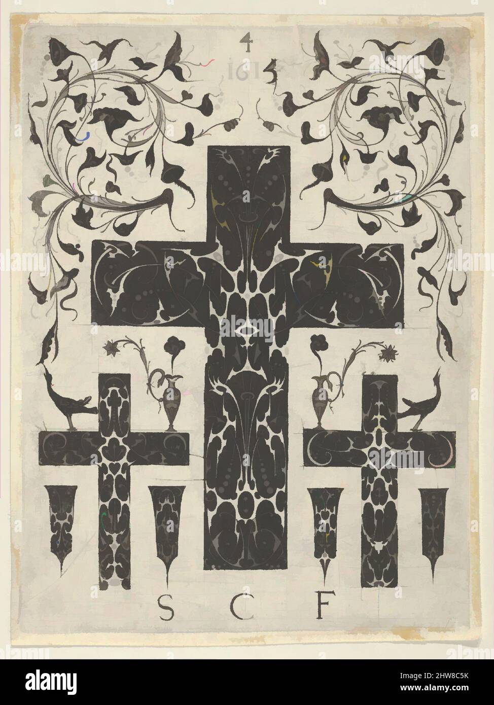 Art inspired by Blackwork Print with Three Crosses and Foliate Scrolls, from a Series of ...