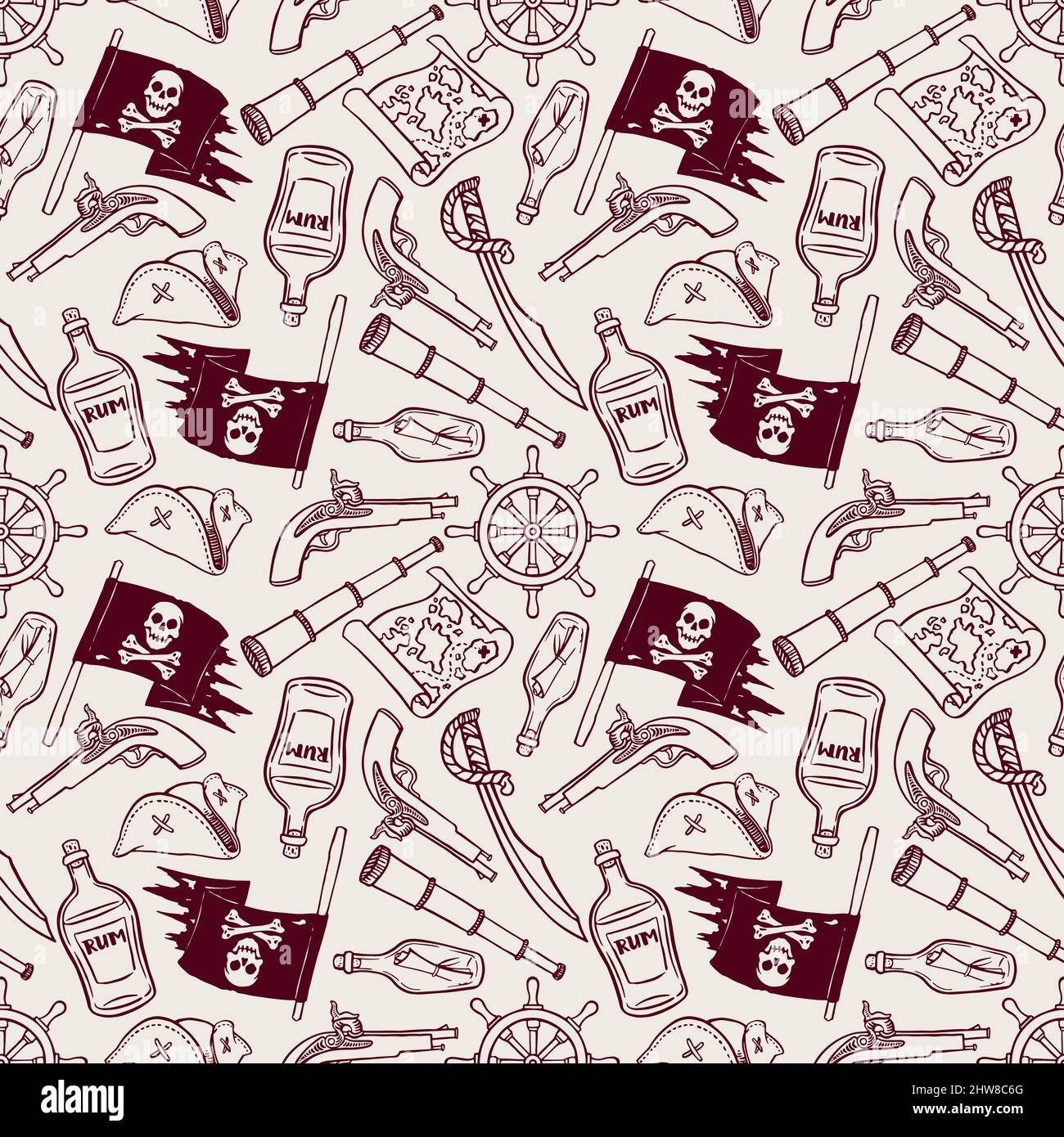 cute seamless pattern of a pirate ship and attributes. hand-drawn ...