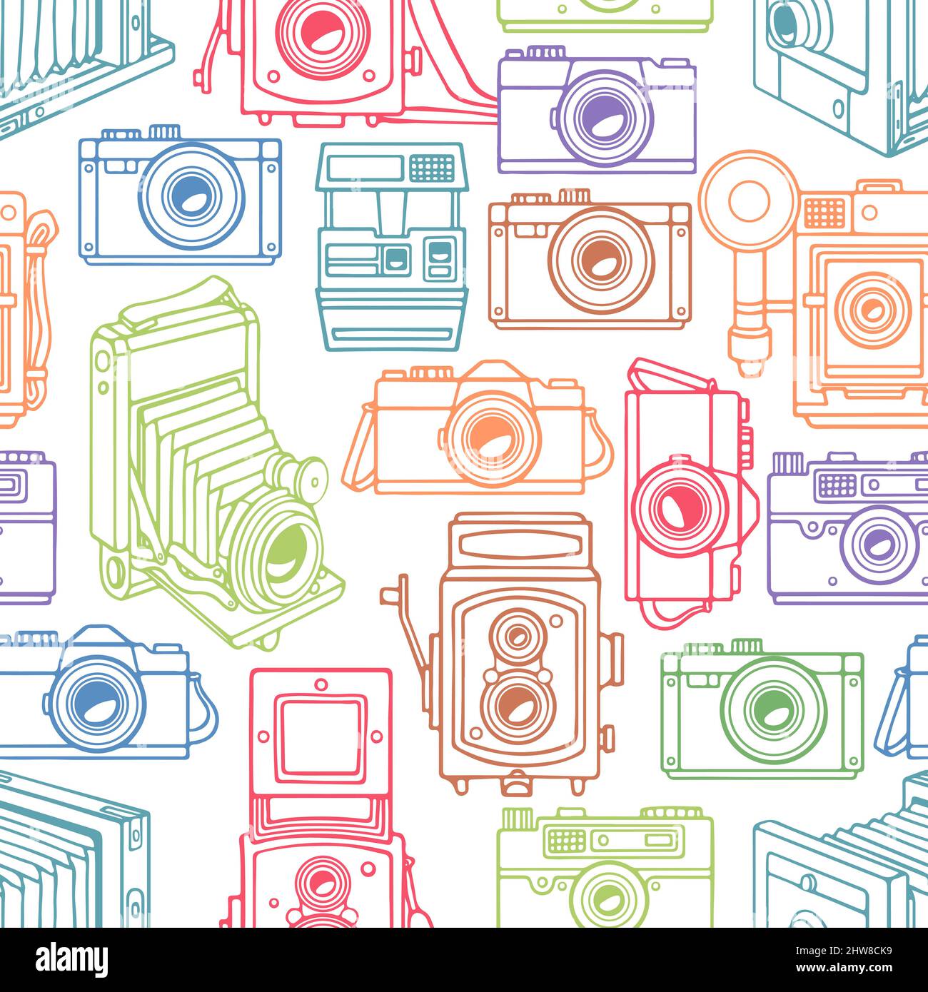 seamless with different sketch vintage colorful cameras. hand-drawn ...