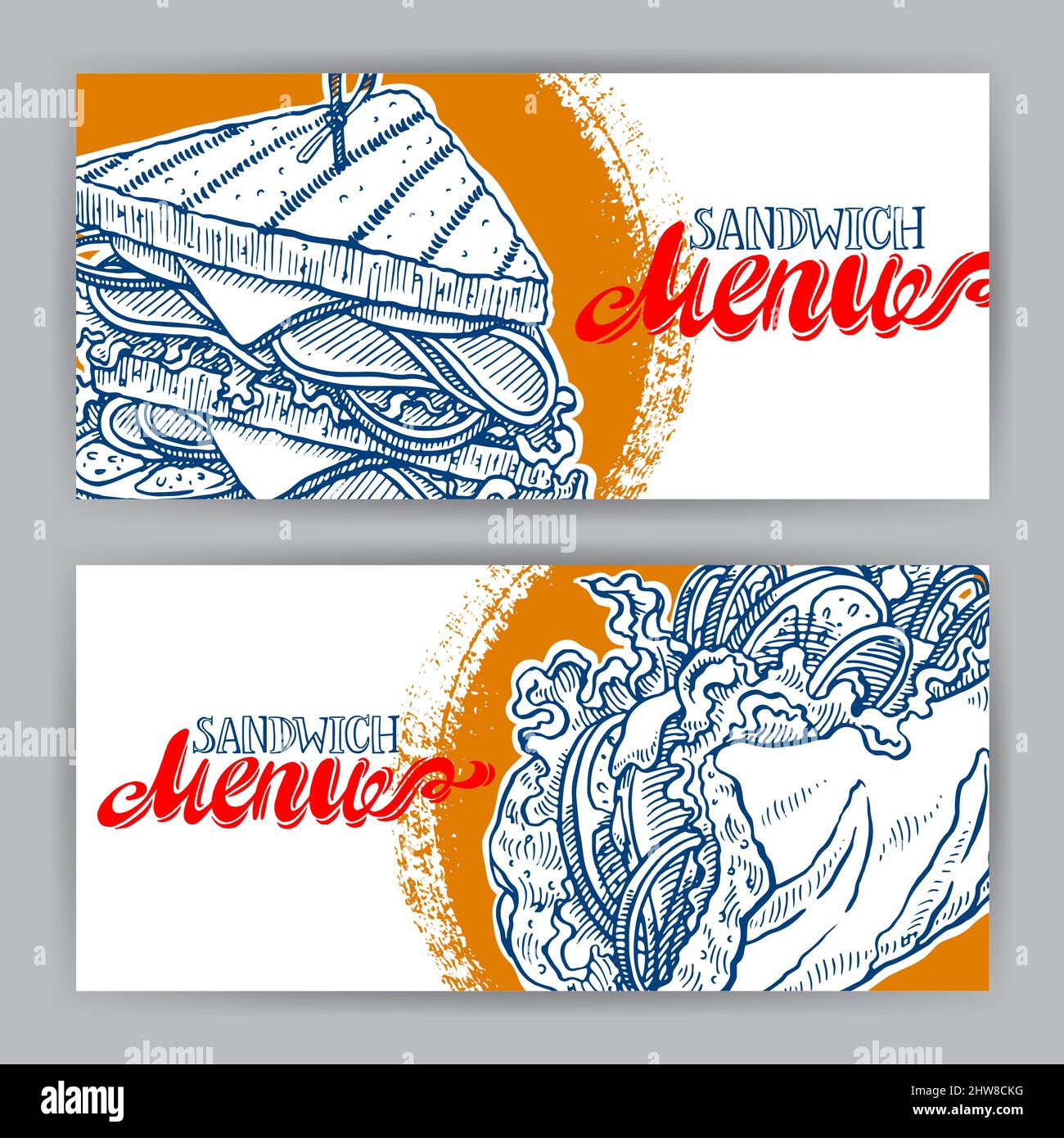 Two horizontal banners with sketch delicious sandwiches. hand-drawn ...