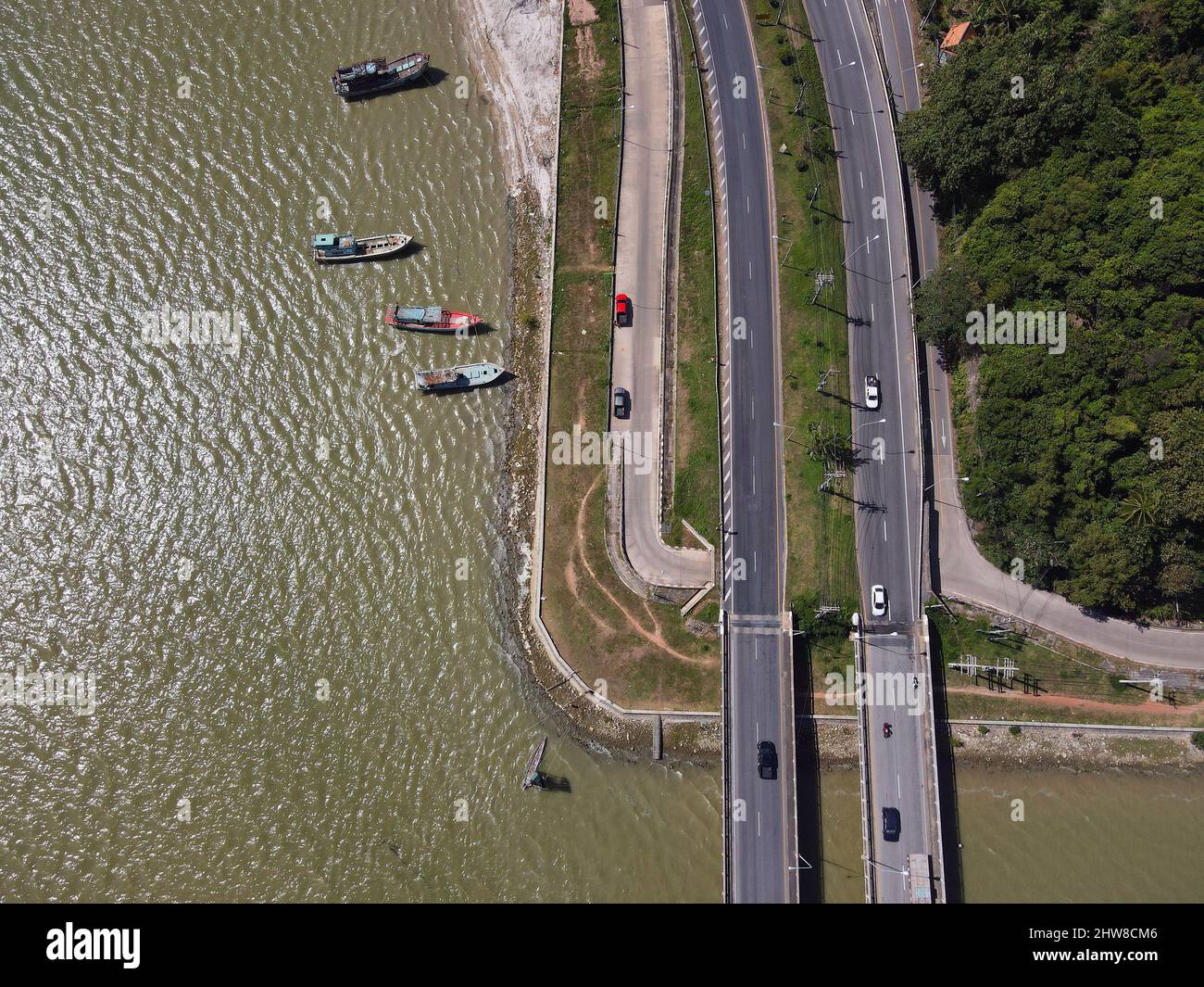 Aerial drone view of the Tinsulanonda Bridge, Ko Yo, Songkhla, Thailand ...