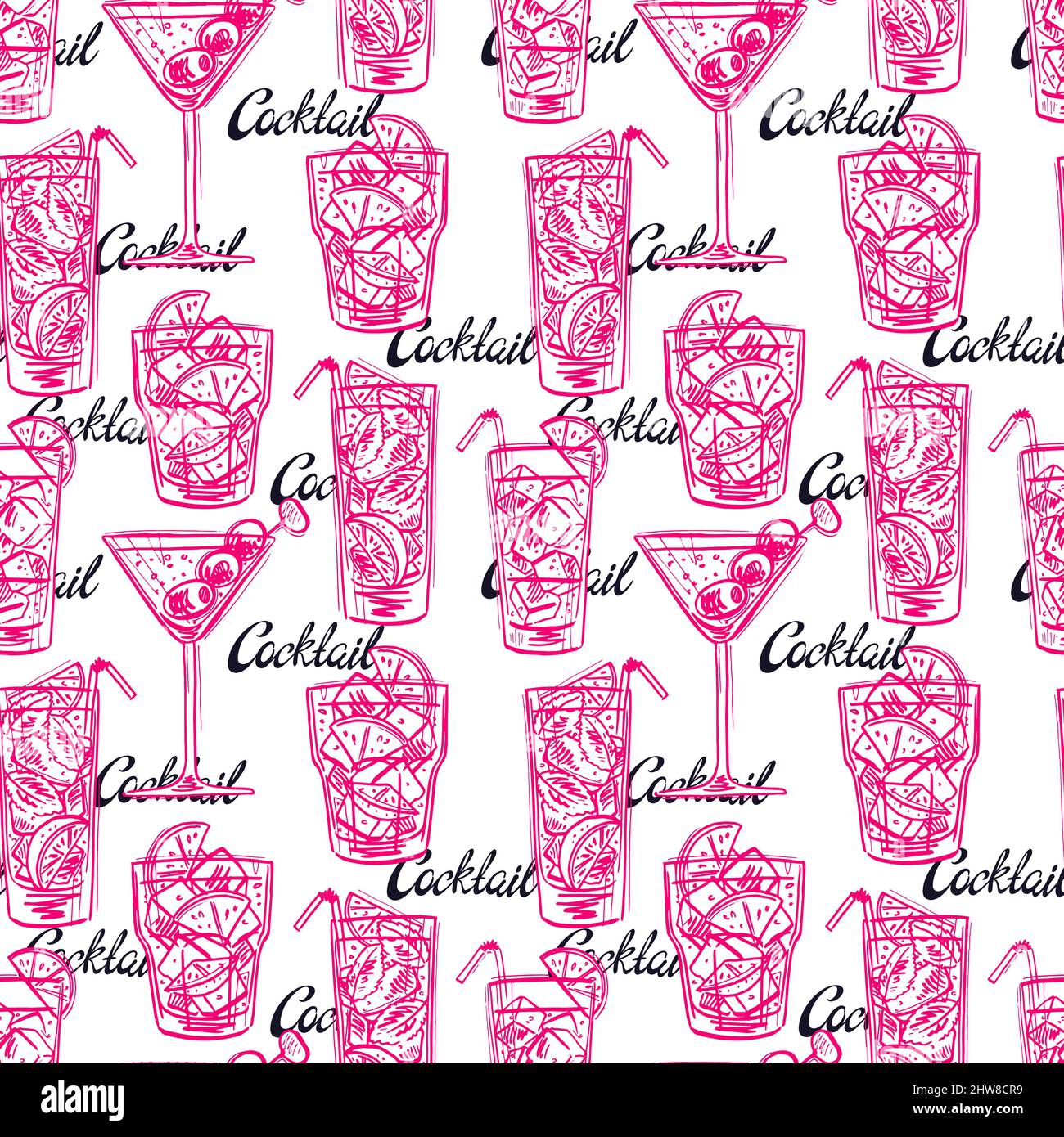 seamless background of different sketch cocktails. hand-drawn ...