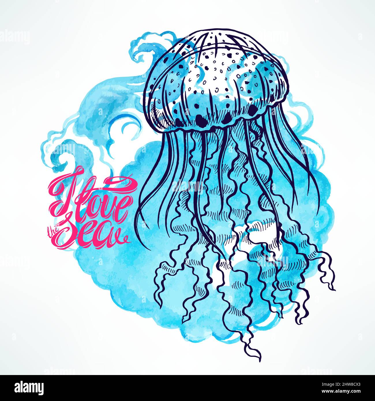 cute sketch jellyfish on a blue watercolor background. hand-drawn ...