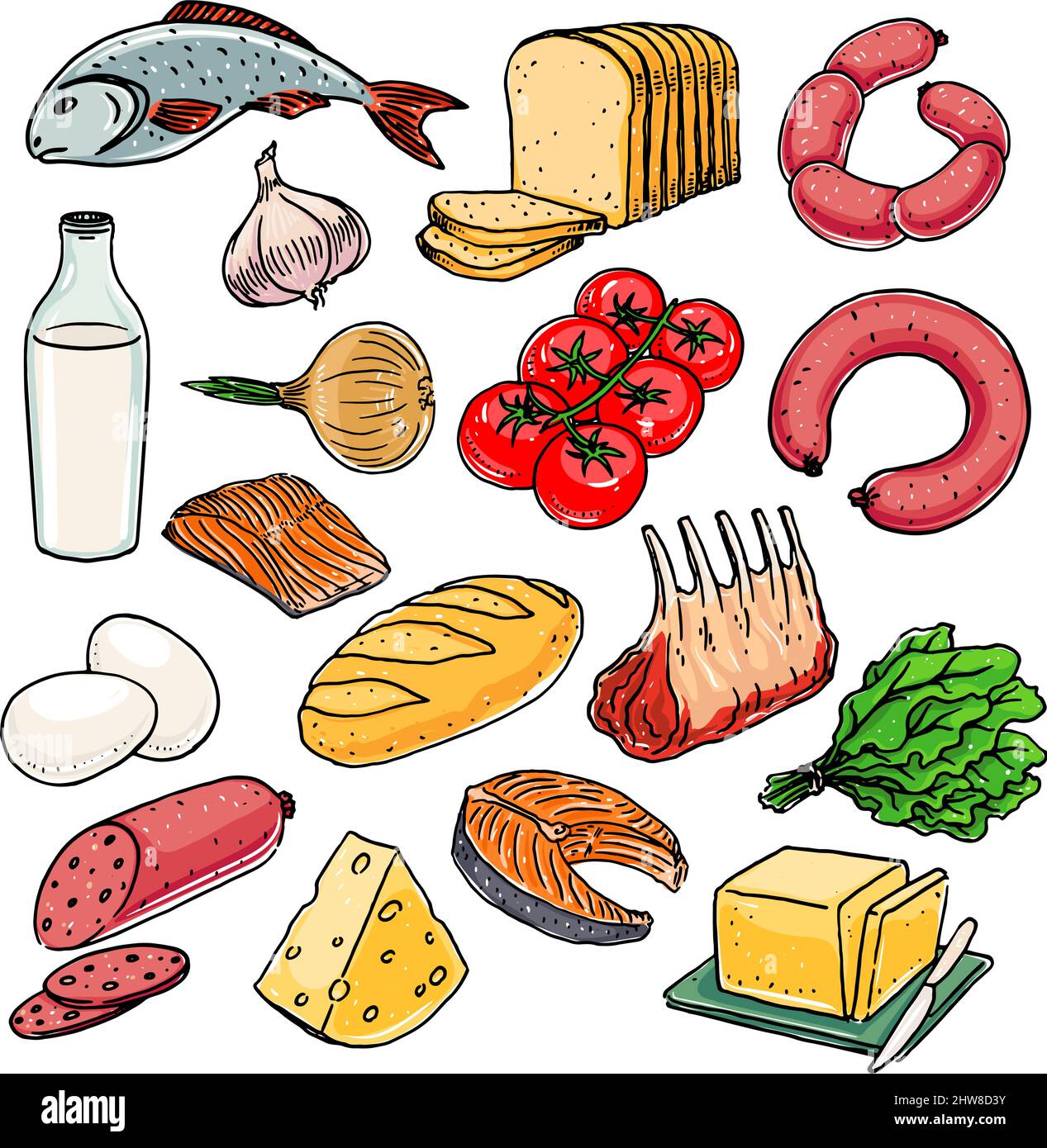 Collection of different products. hand-drawn illustration Stock Vector ...