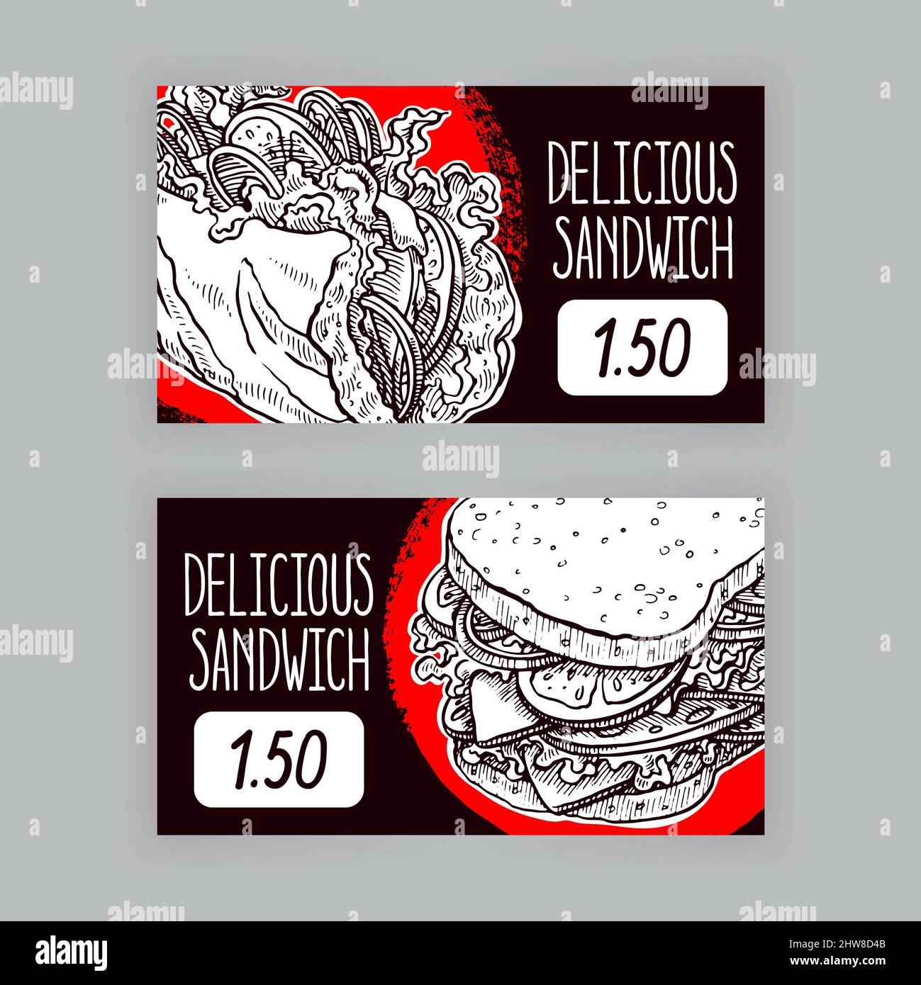Two cute banners with appetizing sandwiches. price tags. hand-drawn ...