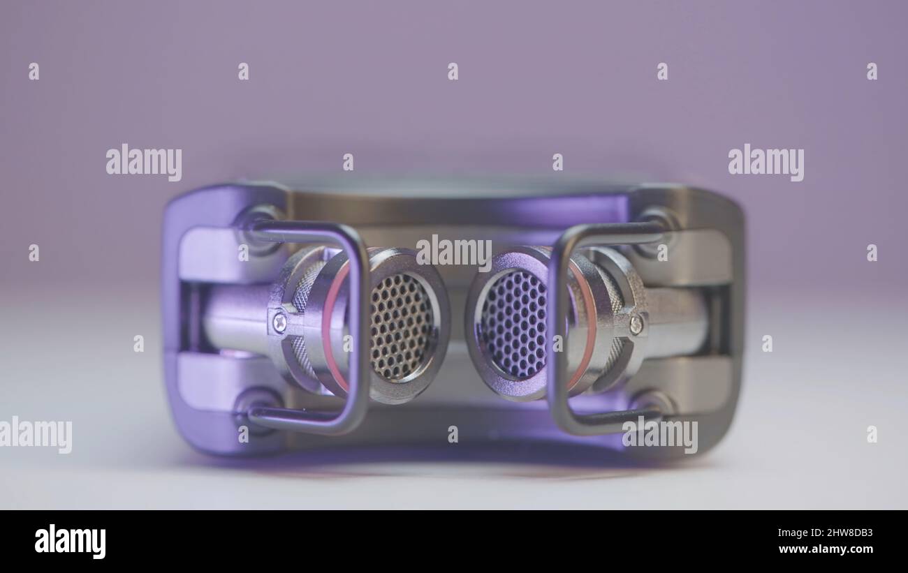 Close-up of portable recorder. Action. New model of portable voice ...