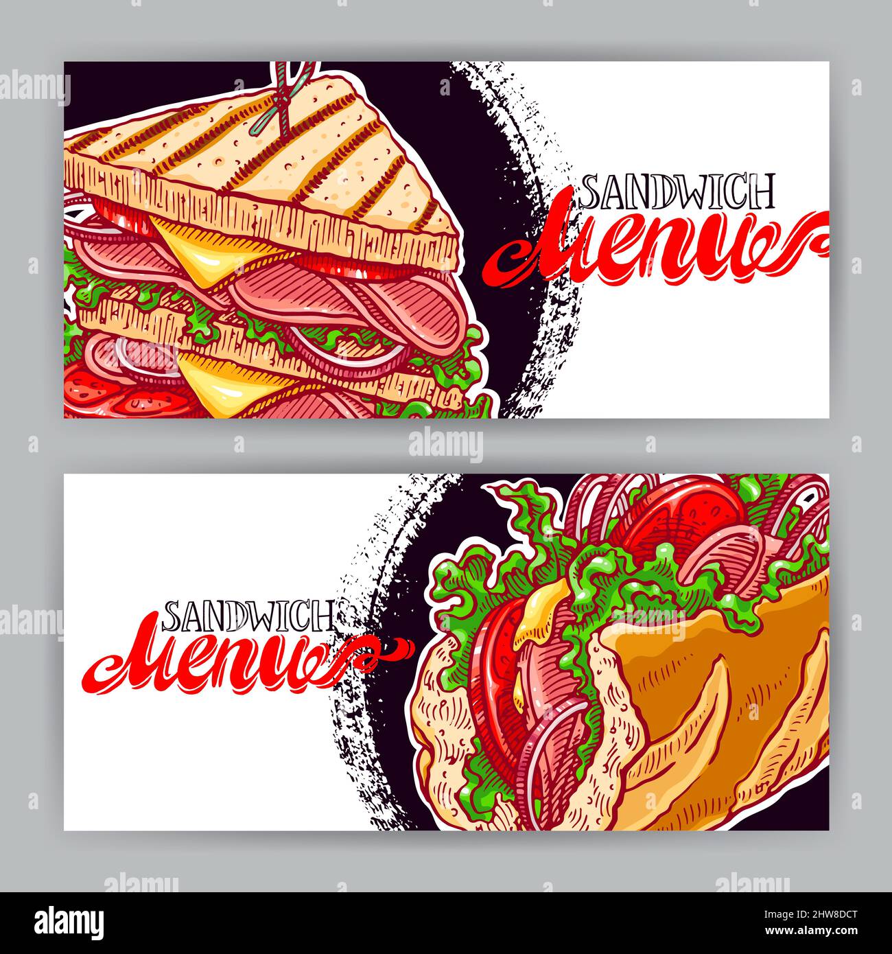Two horizontal banners with delicious sandwiches. hand-drawn ...