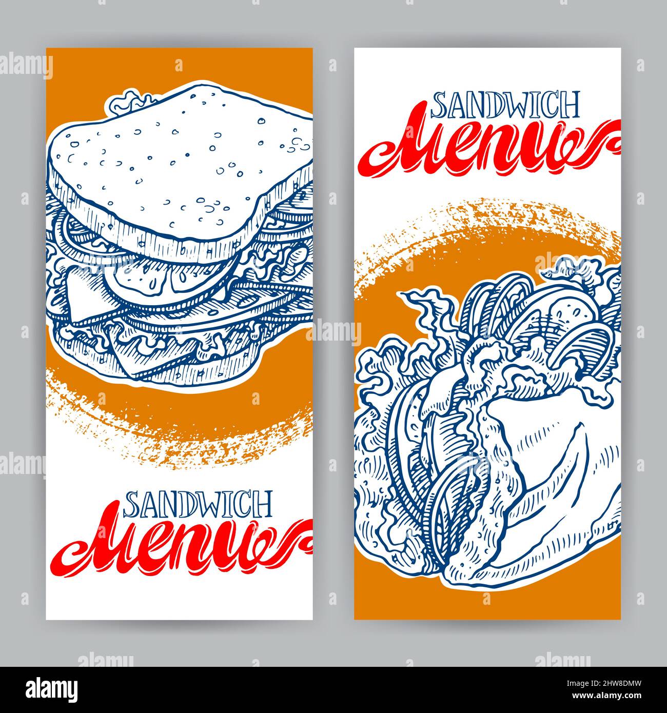 Two vertical banners with delicious sandwiches. hand-drawn illustration ...