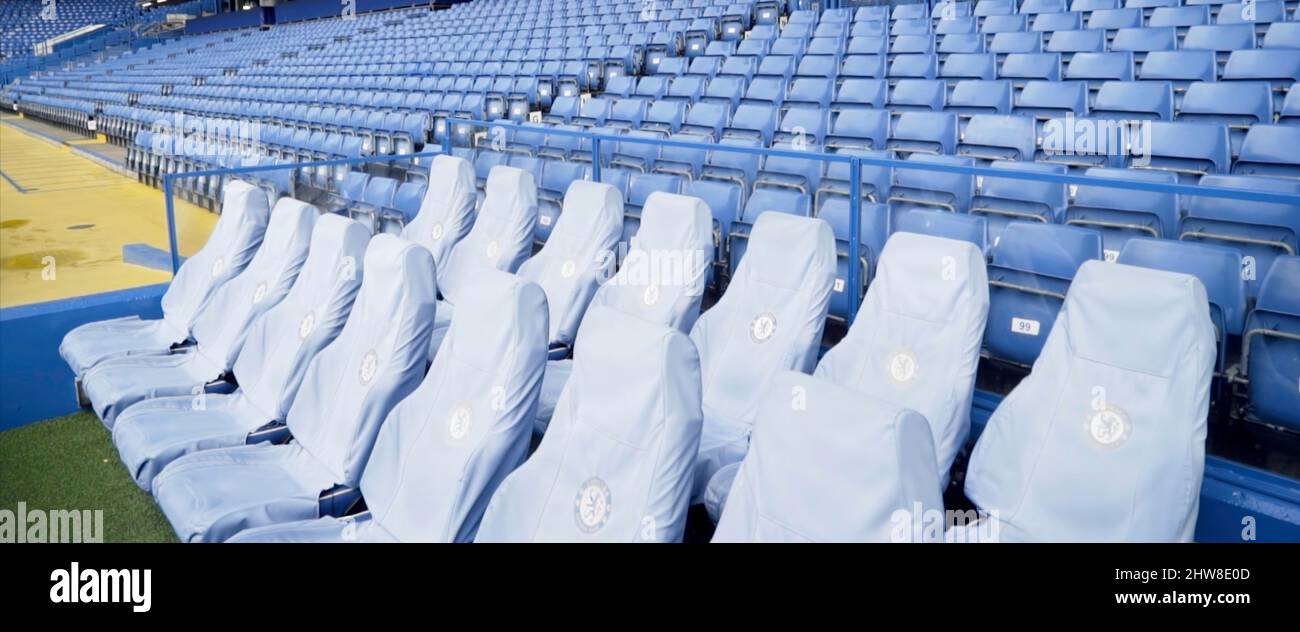 London, Britain-September, 2019: View of empty blue stands in front ...