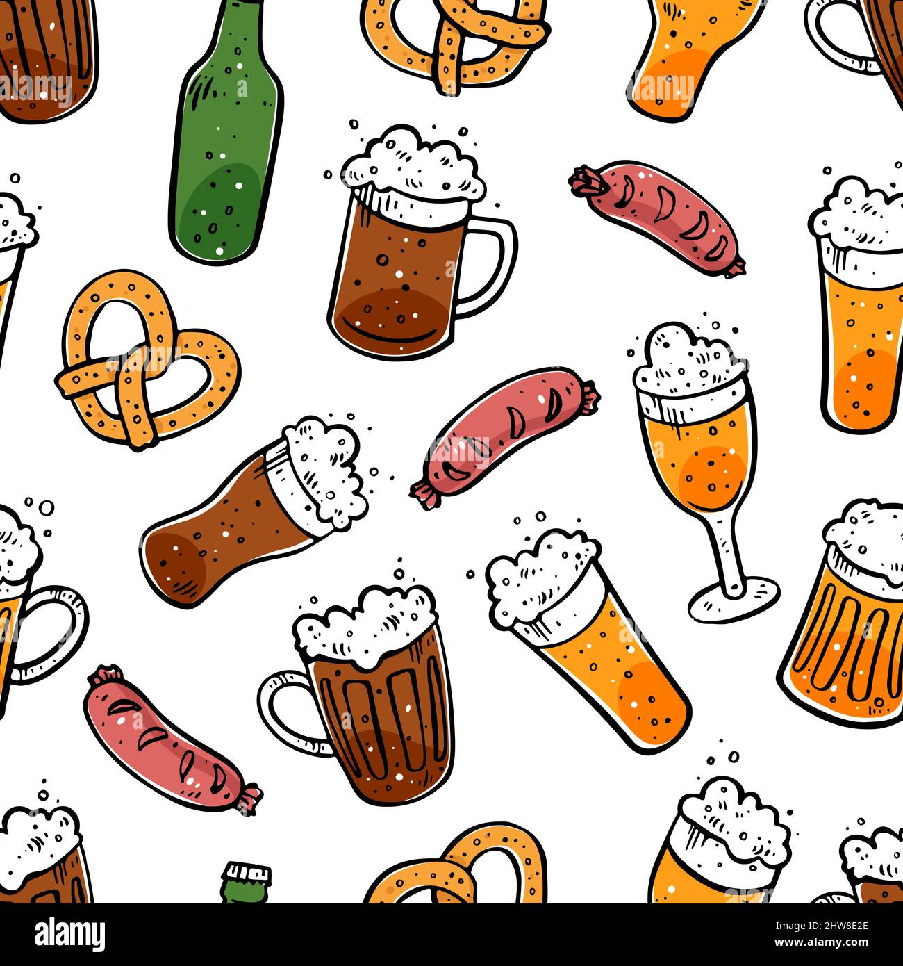Seamless background of different beer. Hand drawn illustrations Stock ...