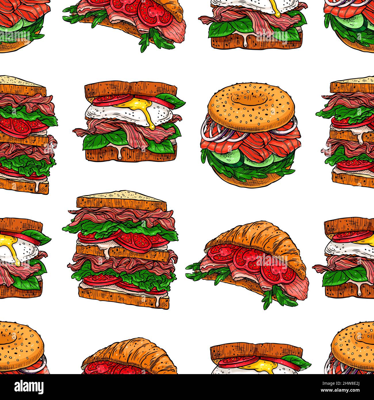 Seamless background of different appetizing sandwiches. Hand-drawn ...