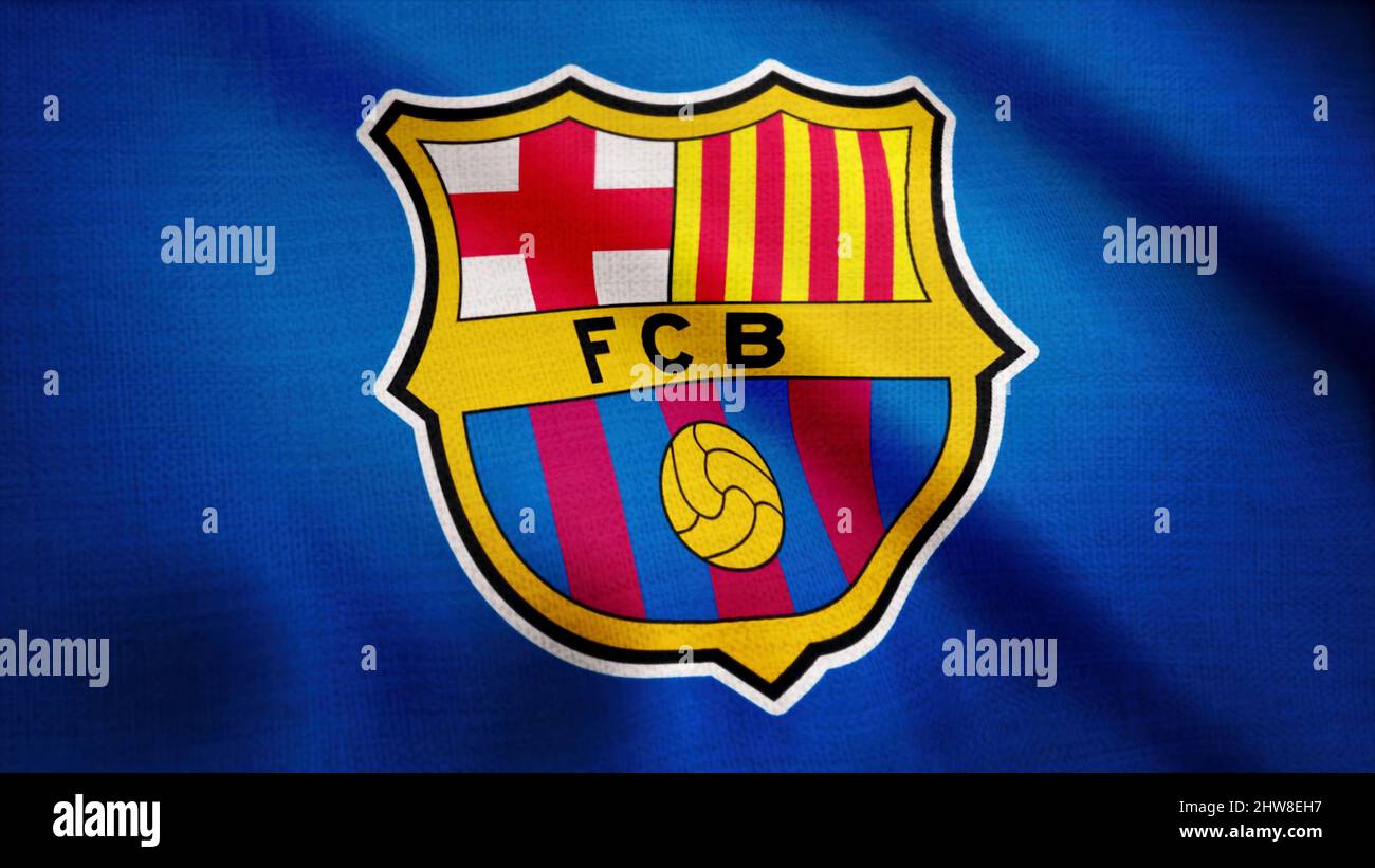 Close-up of waving flag with FC Barcelona football club logo, seamless ...