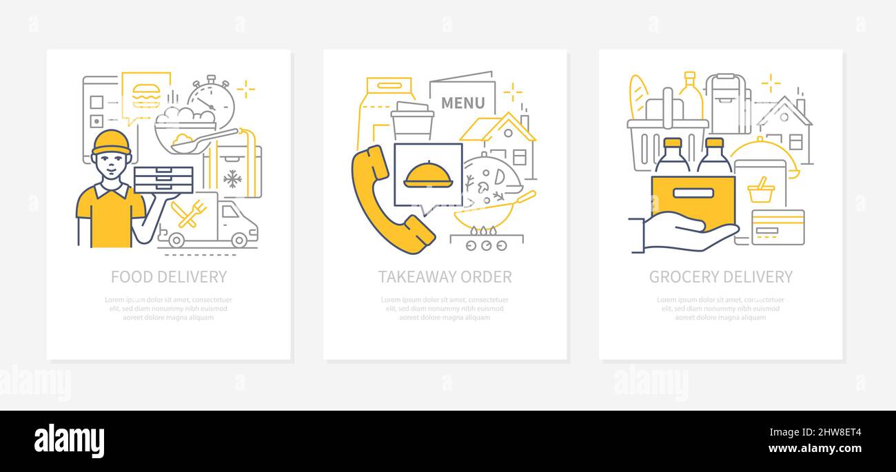 Food delivery - modern line design style banners set on white ...