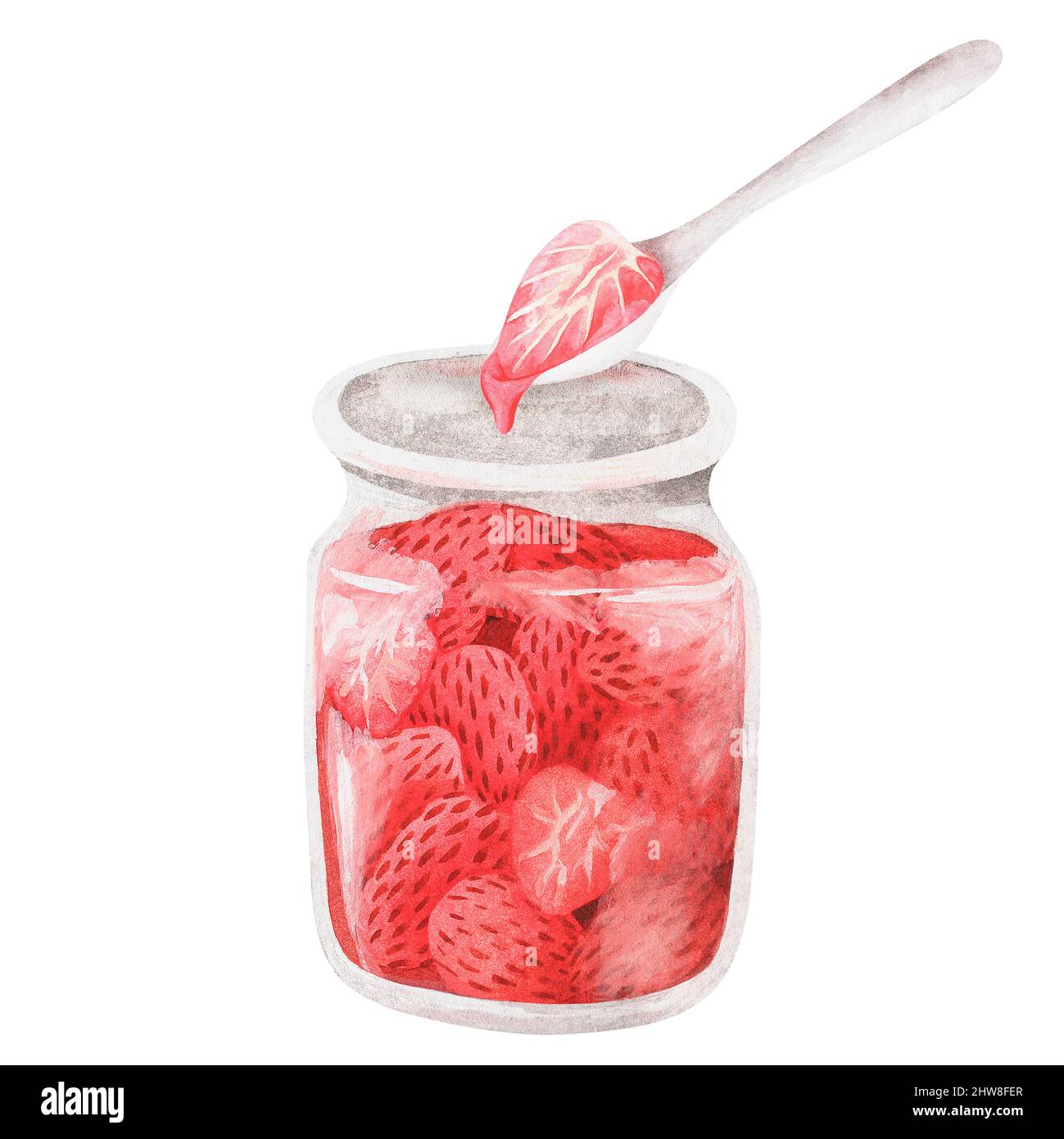 Strawberry jam with a spoon. Watercolor illustration. Isolated on a ...
