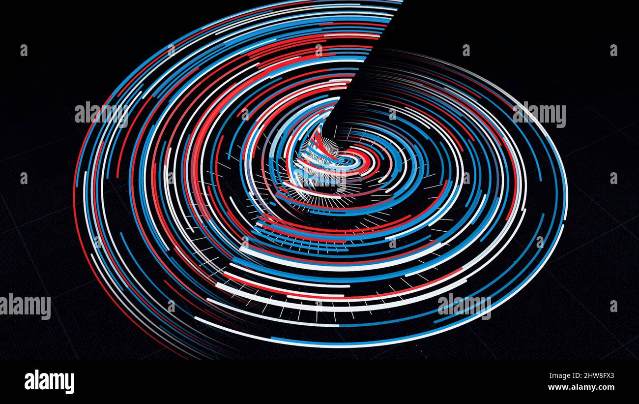 Digital circle with colored lines turns into 3D spiral. Animation. Disk ...